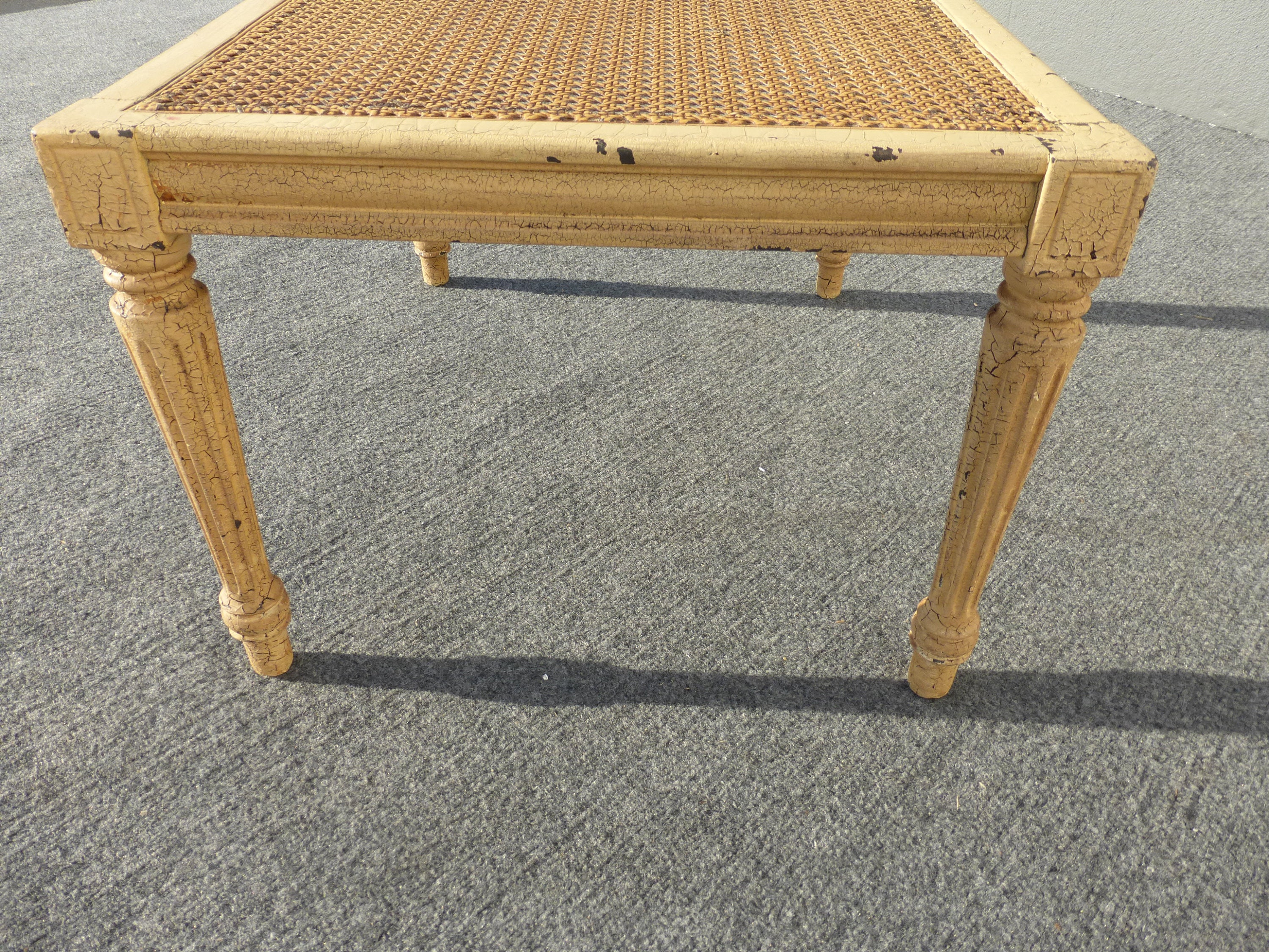 Vintage French Provincial Cane Top Distressed Crackle Finish End Table