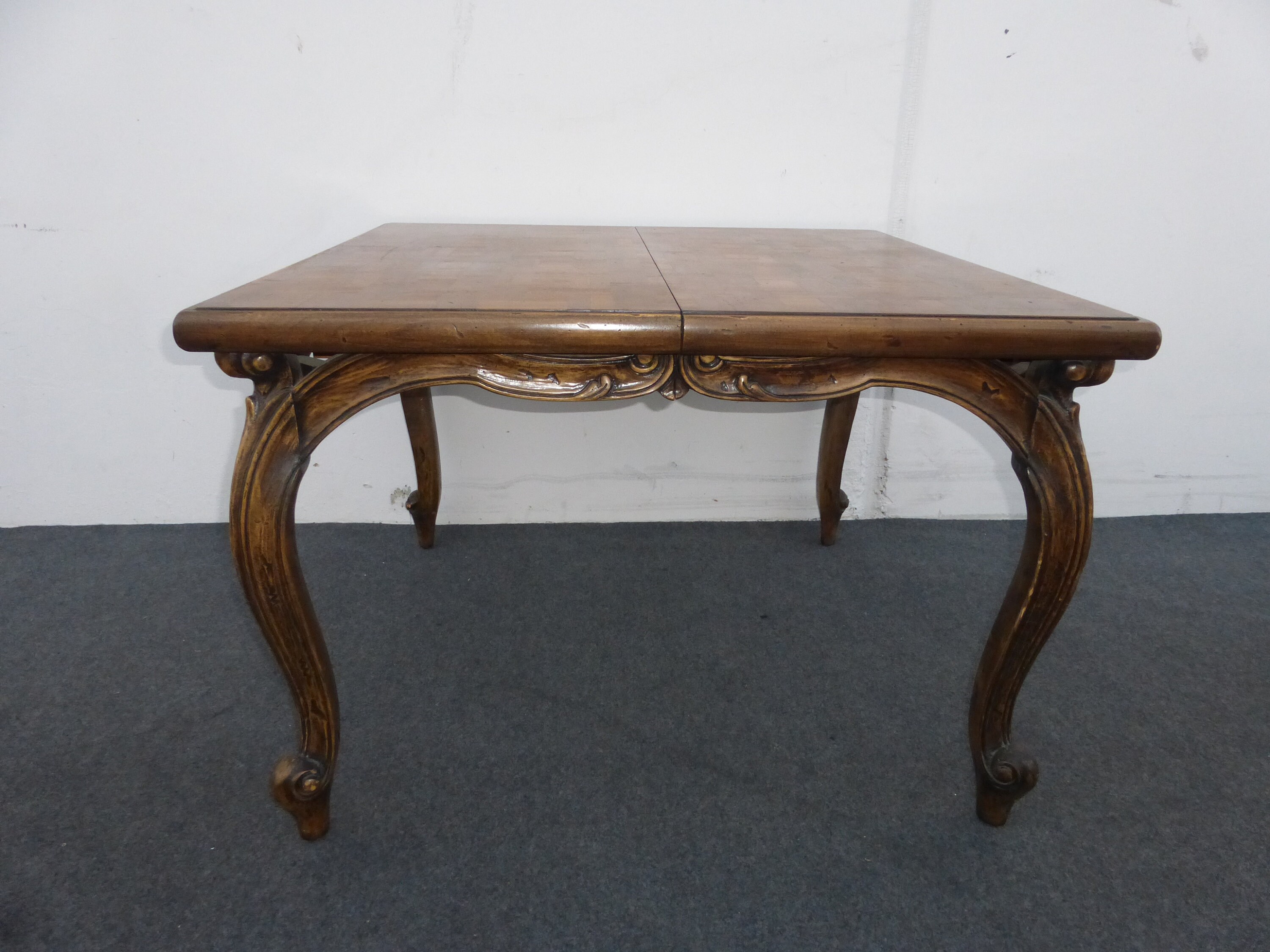 Vintage French Provincial Dining Table with Parquet Top w 2 Leaves