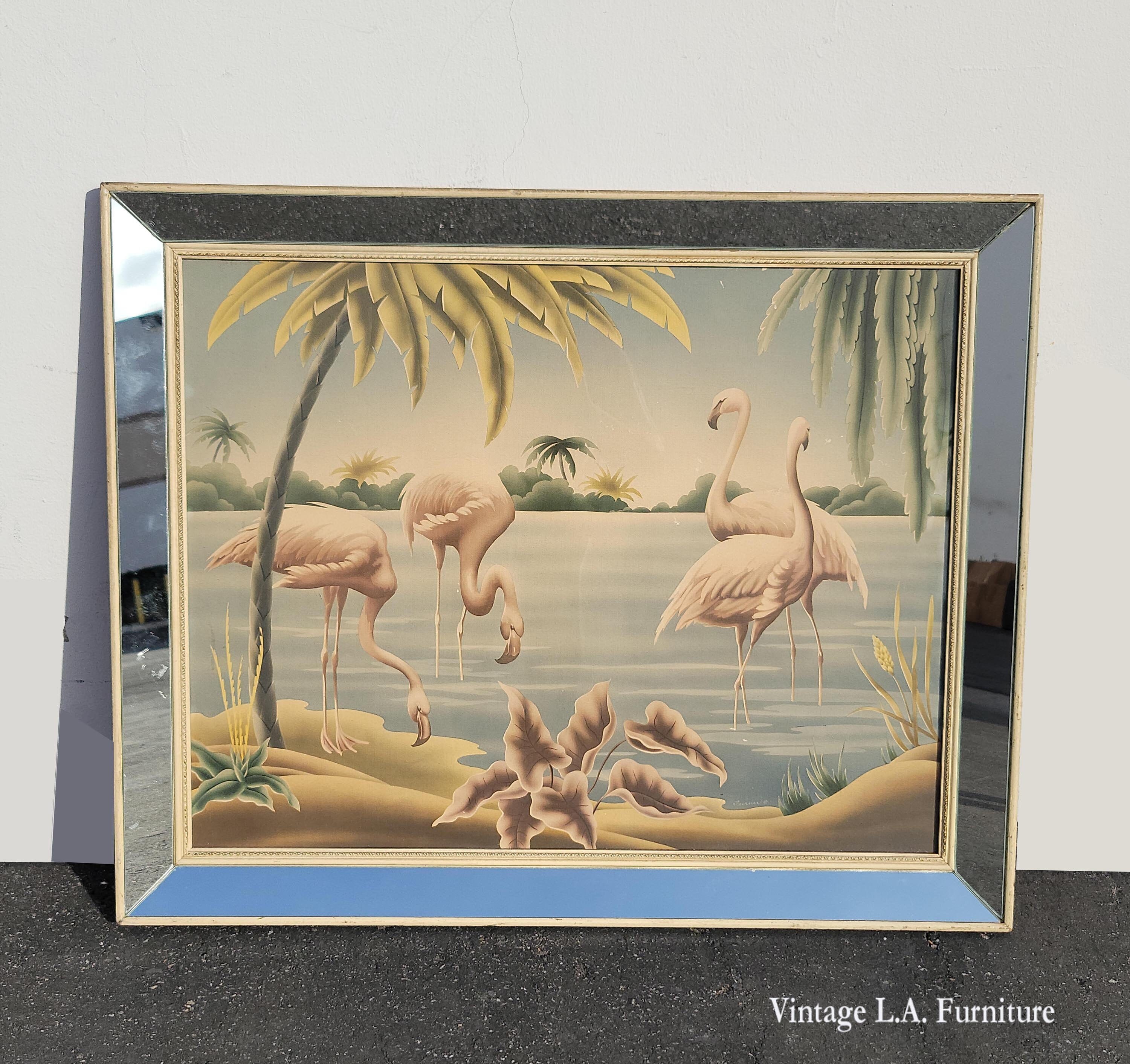 Vintage Mid Century Modern Pink Flamingos Wall Mantle Picture by Turner