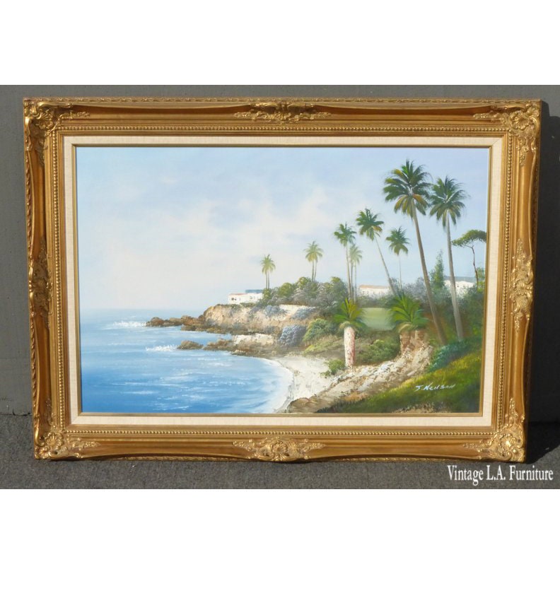 Vintage Framed Oil on Canvas Painting Coastal Scene Signed J. Neilson