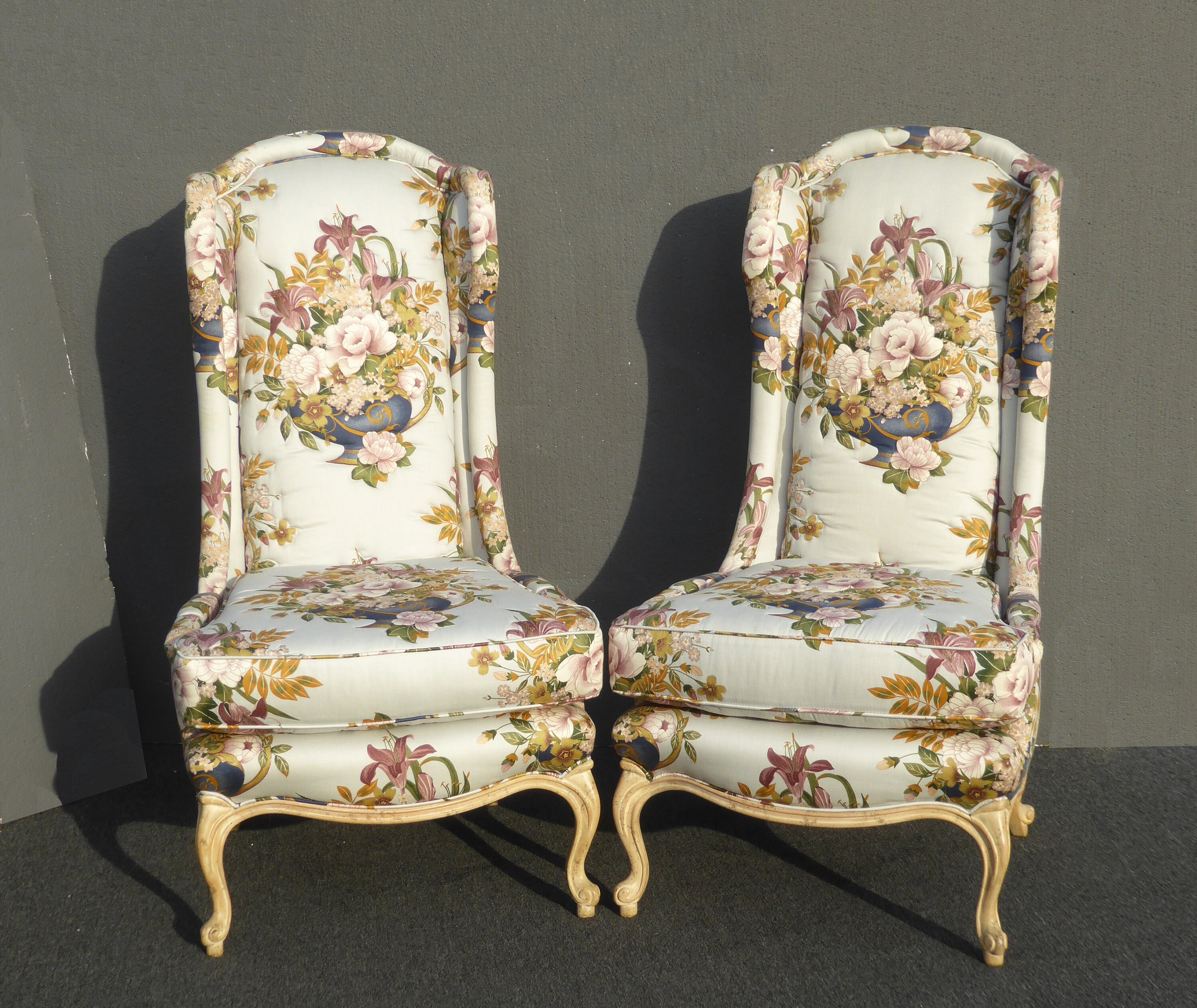 Vintage Pair of Designer French Country Floral High Back Wingback Chairs