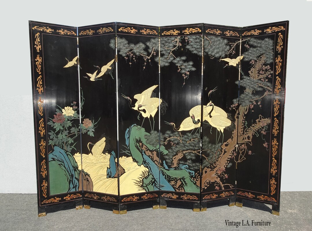 Vintage Oriental Asian Six Panel Screen Room Divider W Goldish Flying ...