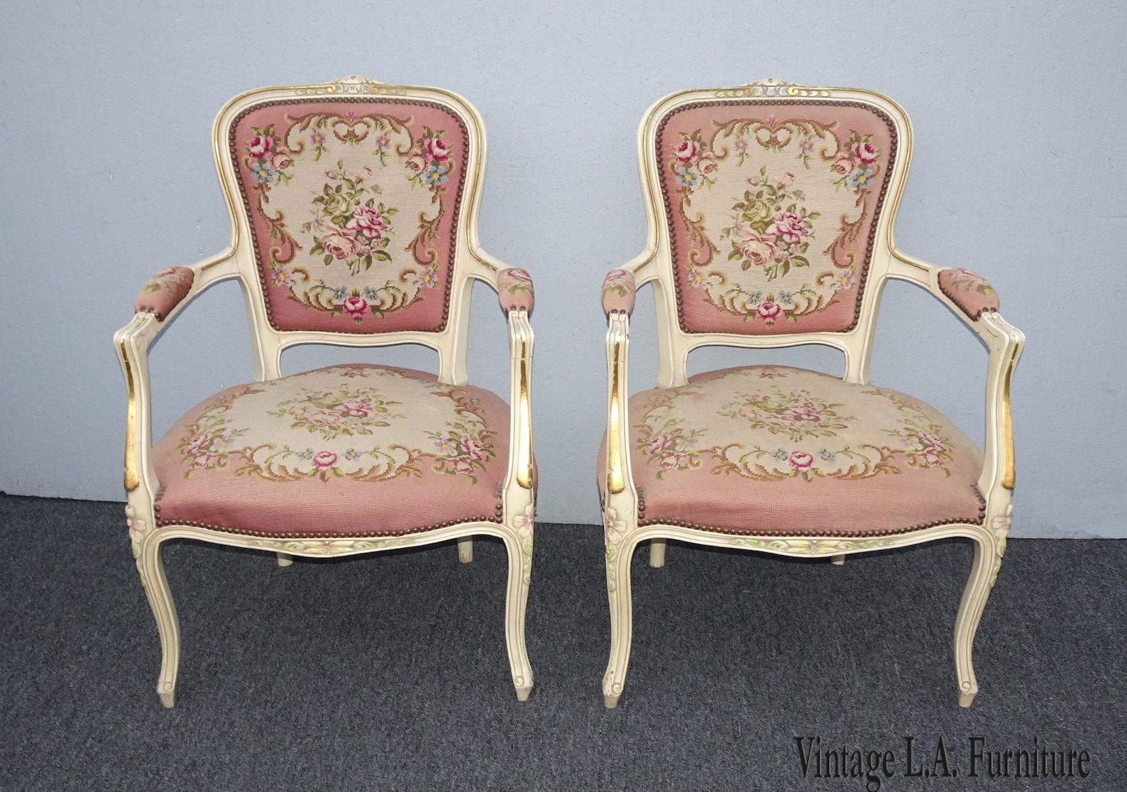 Pair of Vintage French Provincial Louis XVI Pink Neddlepoint Tapestry ...