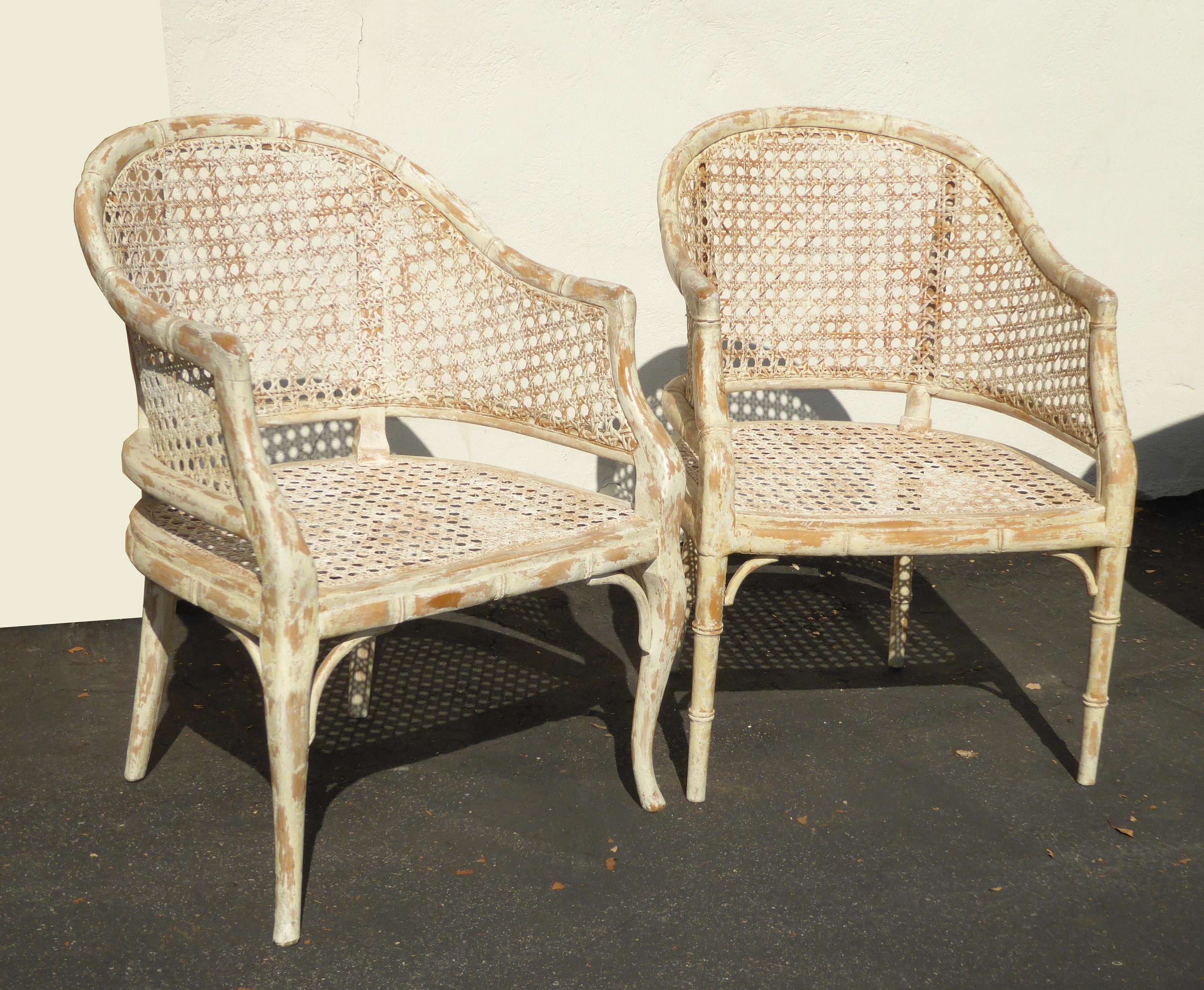 Pair of Vintage French Country off White Cane Back Accent Club Chairs
