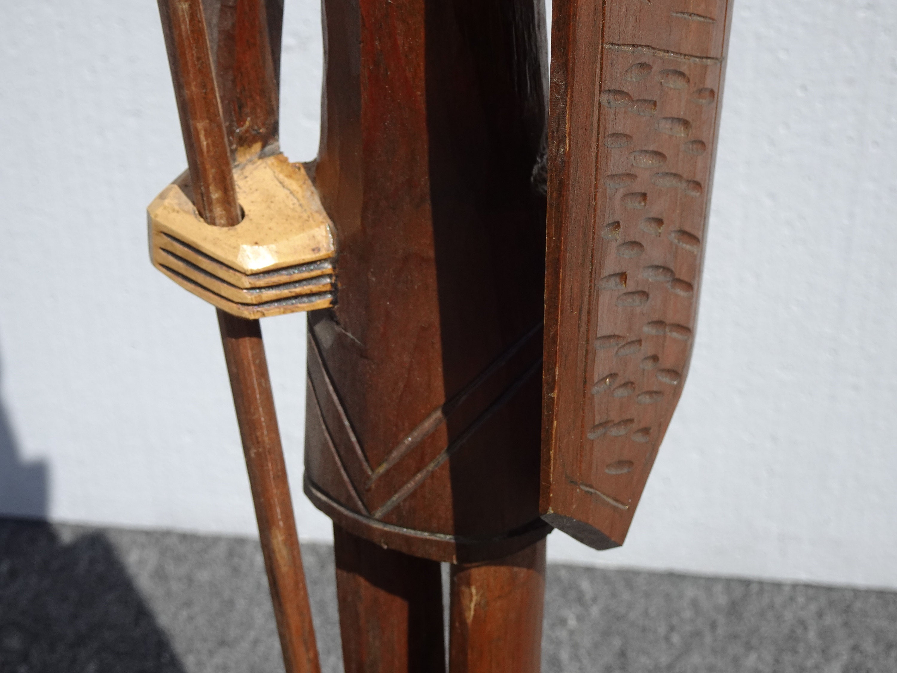 Tall Skinny Medieval Soldier w Spear and Shield Carved Wood Statue