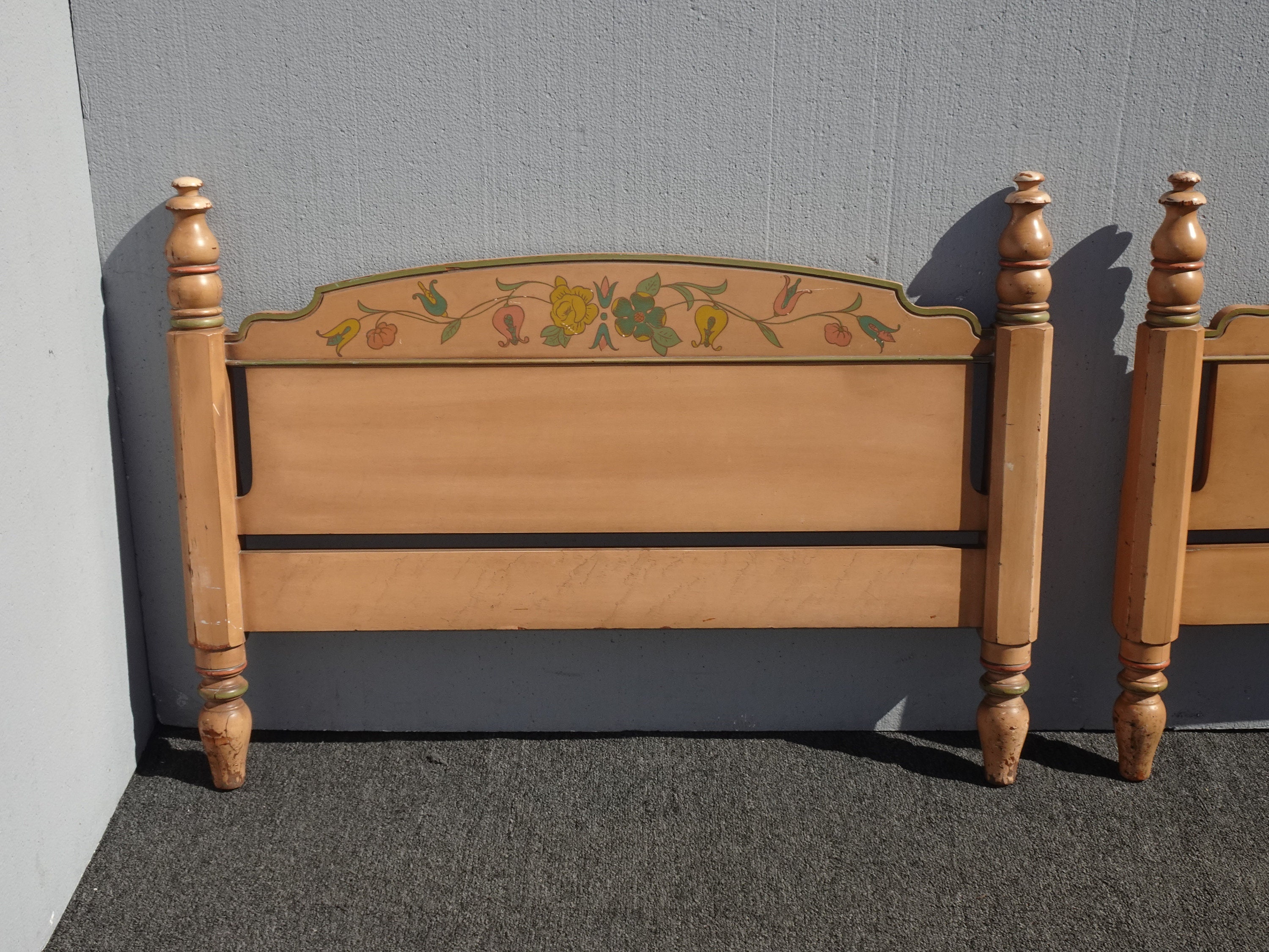 Pair of French Country Hand Painted Bed Frames Twin Headboards W Side ...