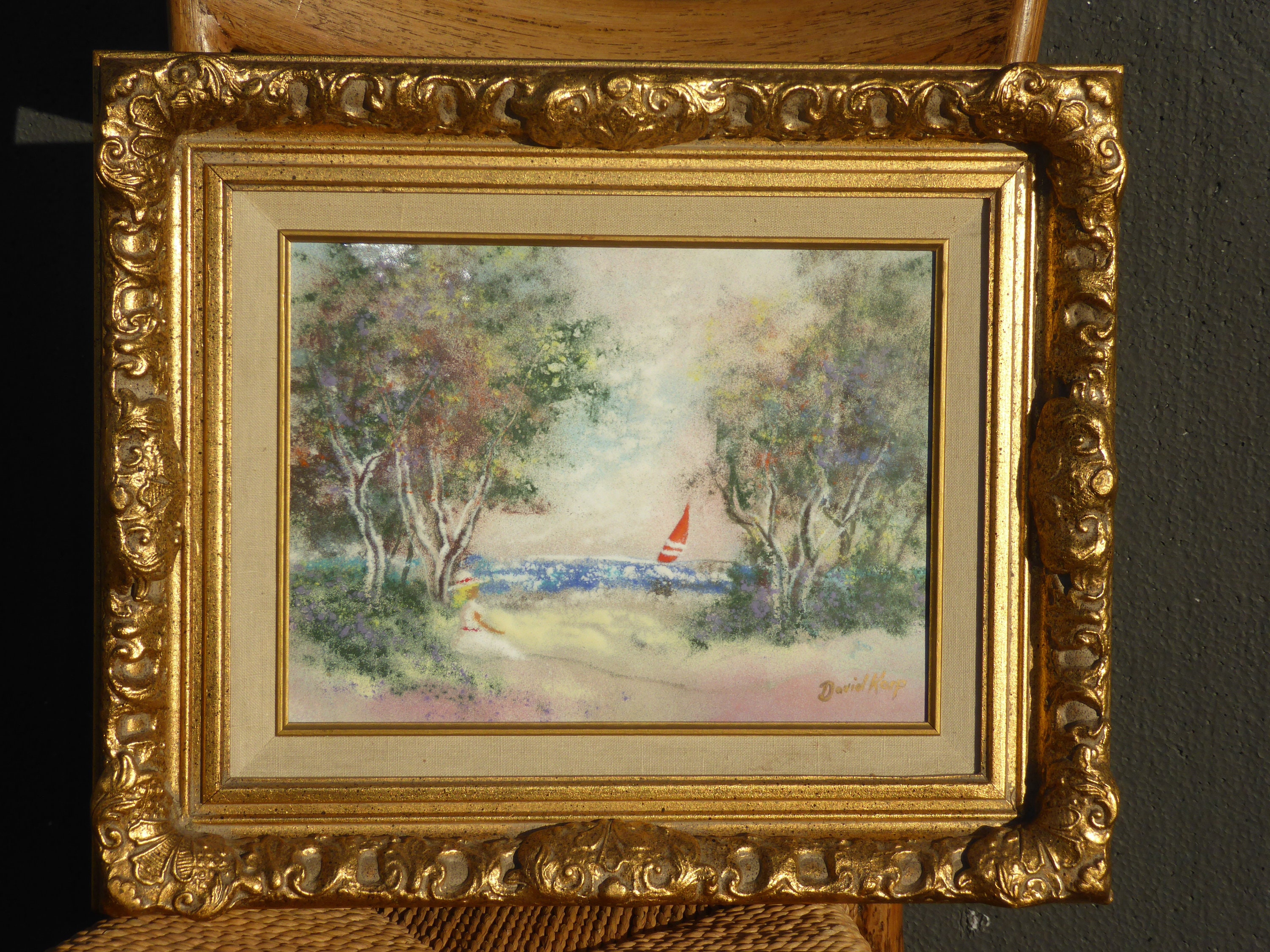 David Karp Woman Watching Sail Boat Scene Enamel on Copper Painting Picture