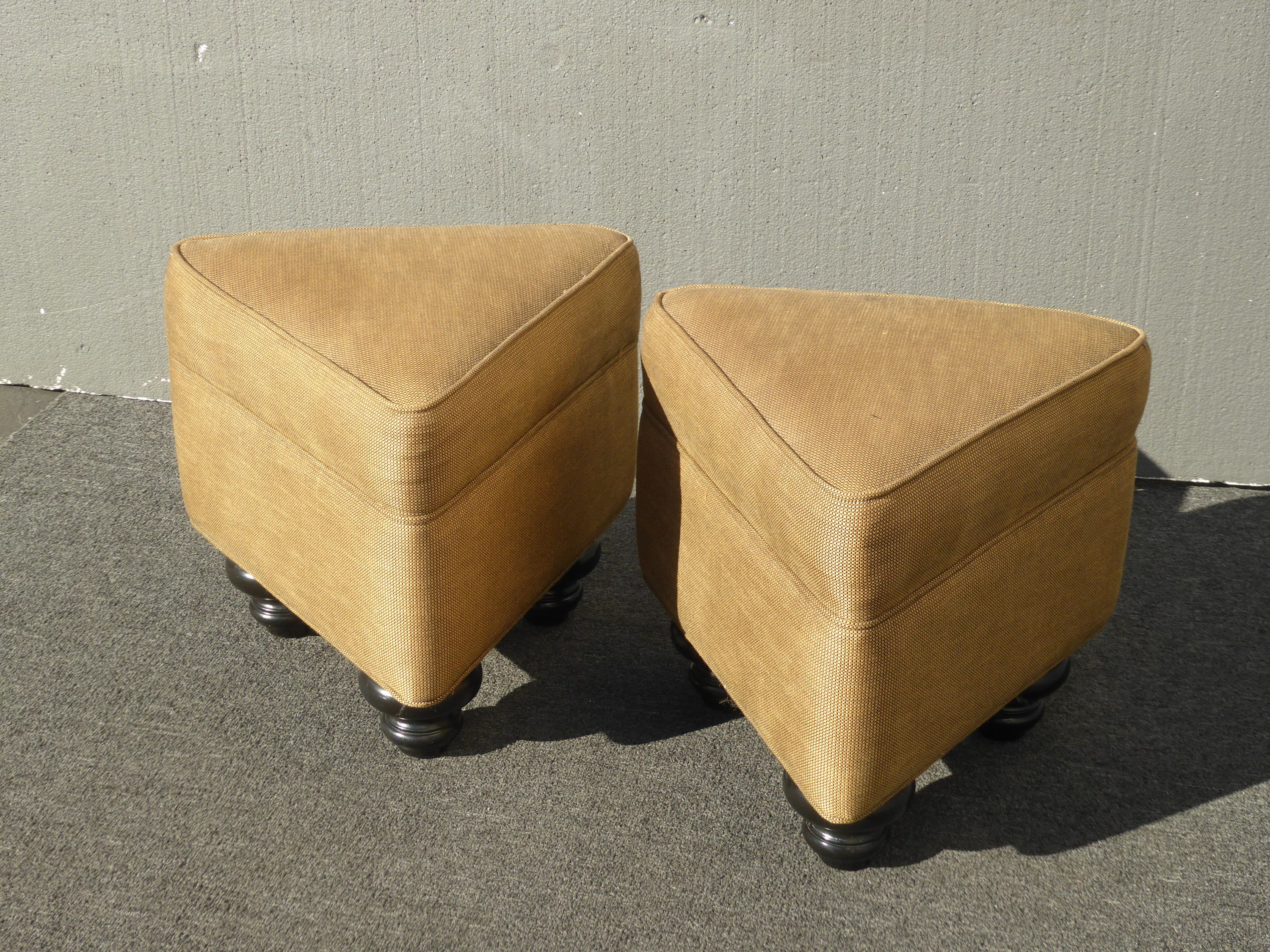Pair of Tan Triangle Shaped Ottomans Benches ~ French Country Traditional