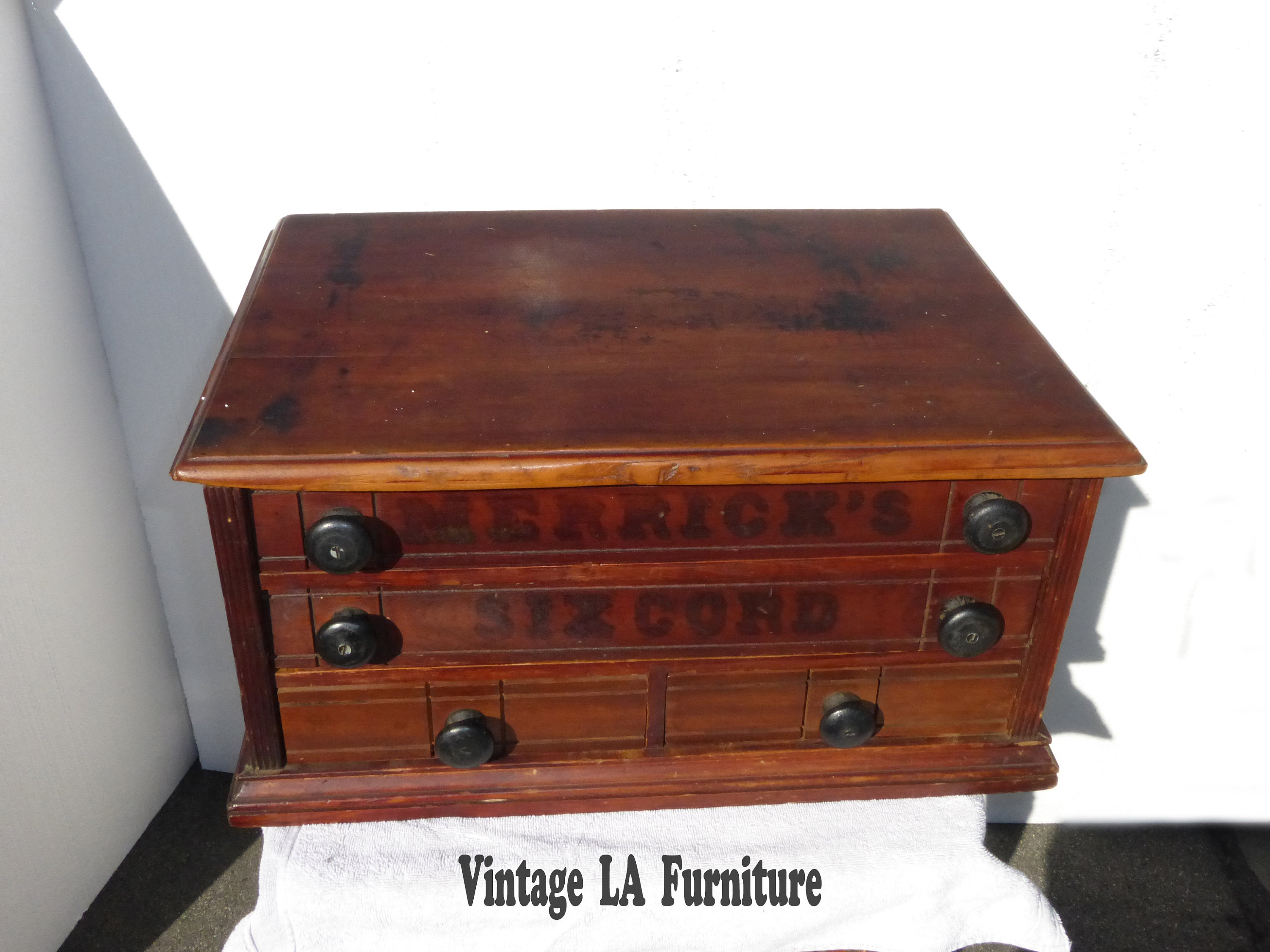 Rare Antique Vintage Merrick's Six Cord Pine Wood Thread Box Cabinet Spool