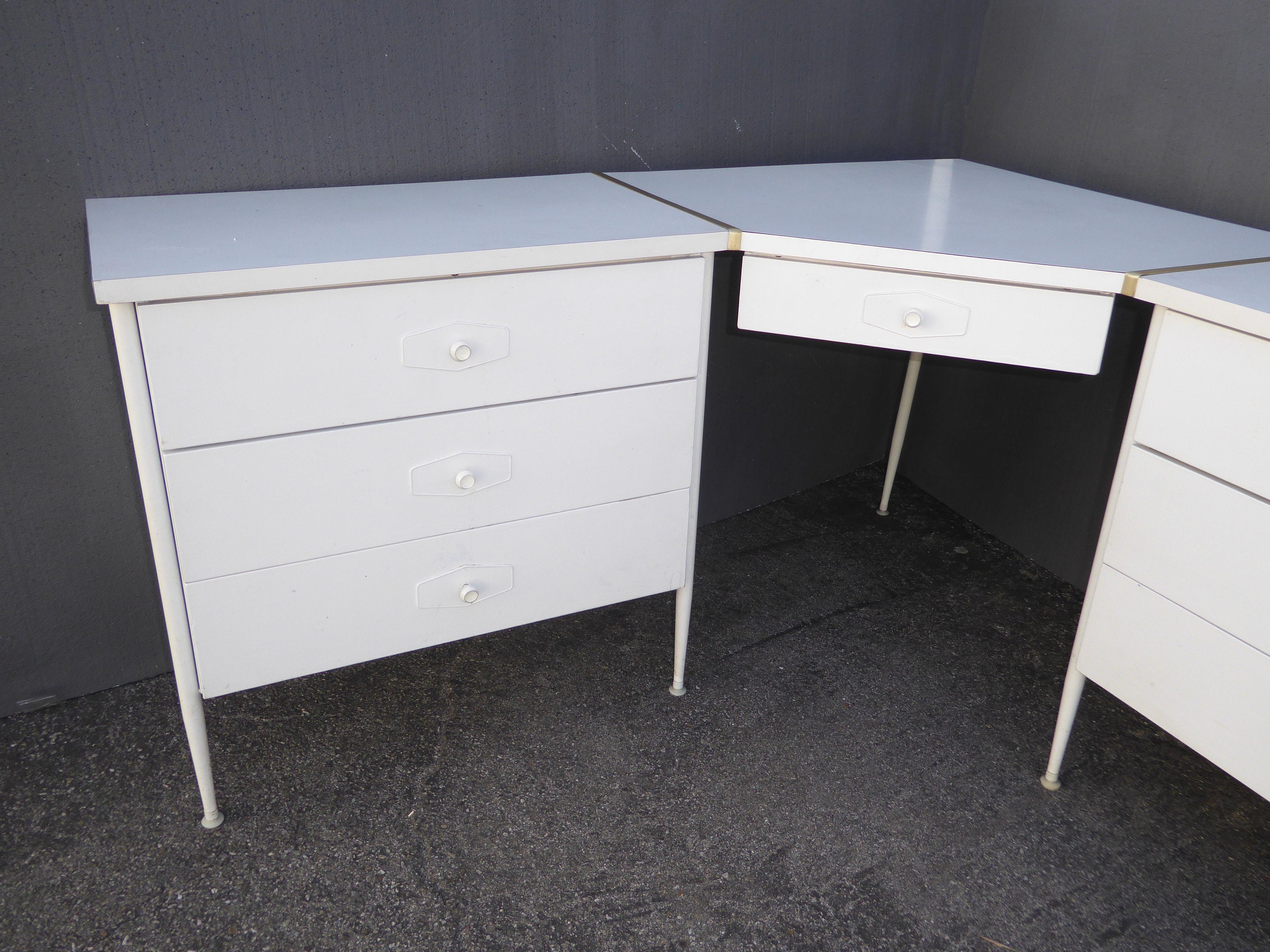 Vintage Mid Century Modern Modular White Corner Desk w Cabinets Shelves ...