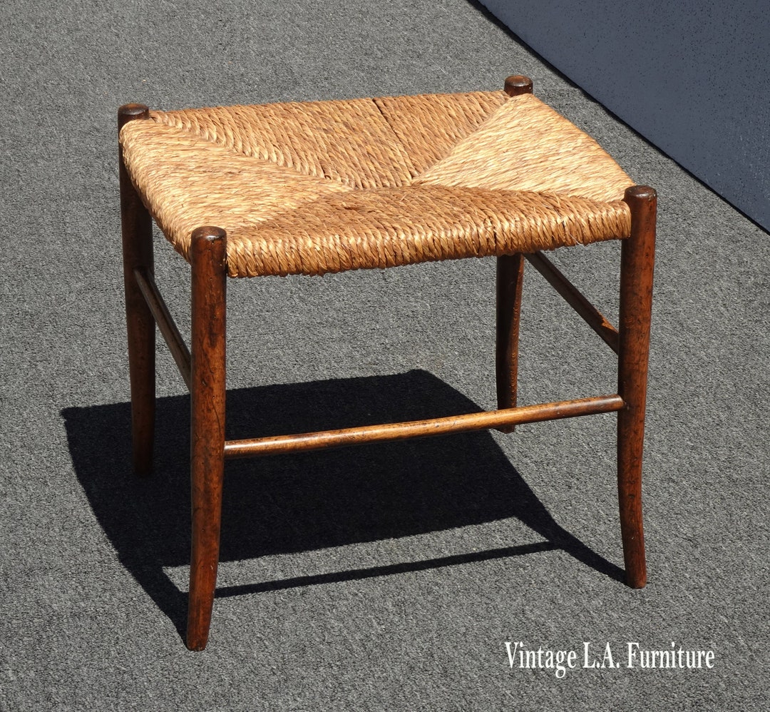 Vintage Rustic French Country Brown Rush Seat Stool, Footstool, Bench ...