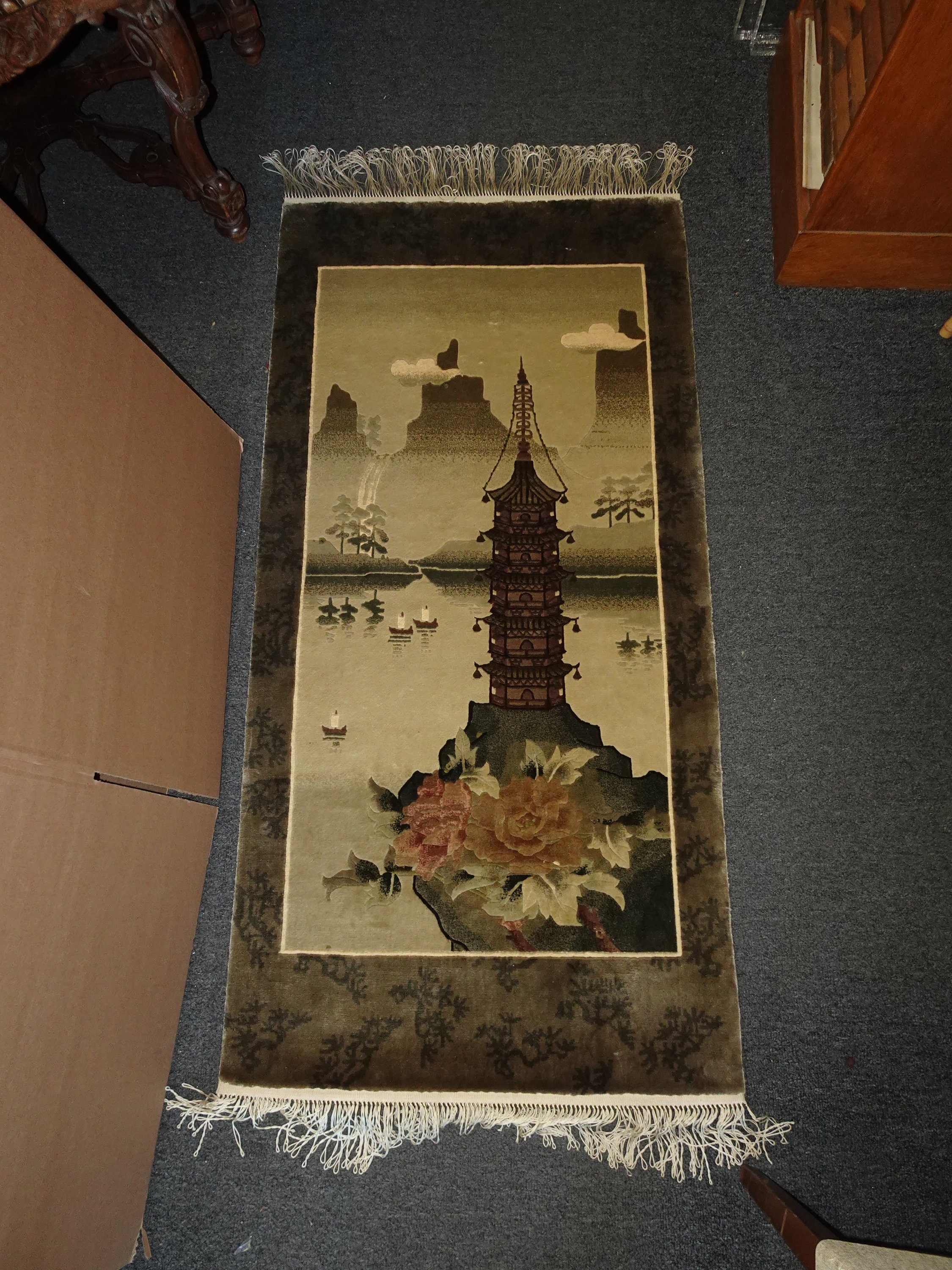 Vintage Chinese Wool Wall Hanging Rug Tapestry 'Temple w Lake and Boats'