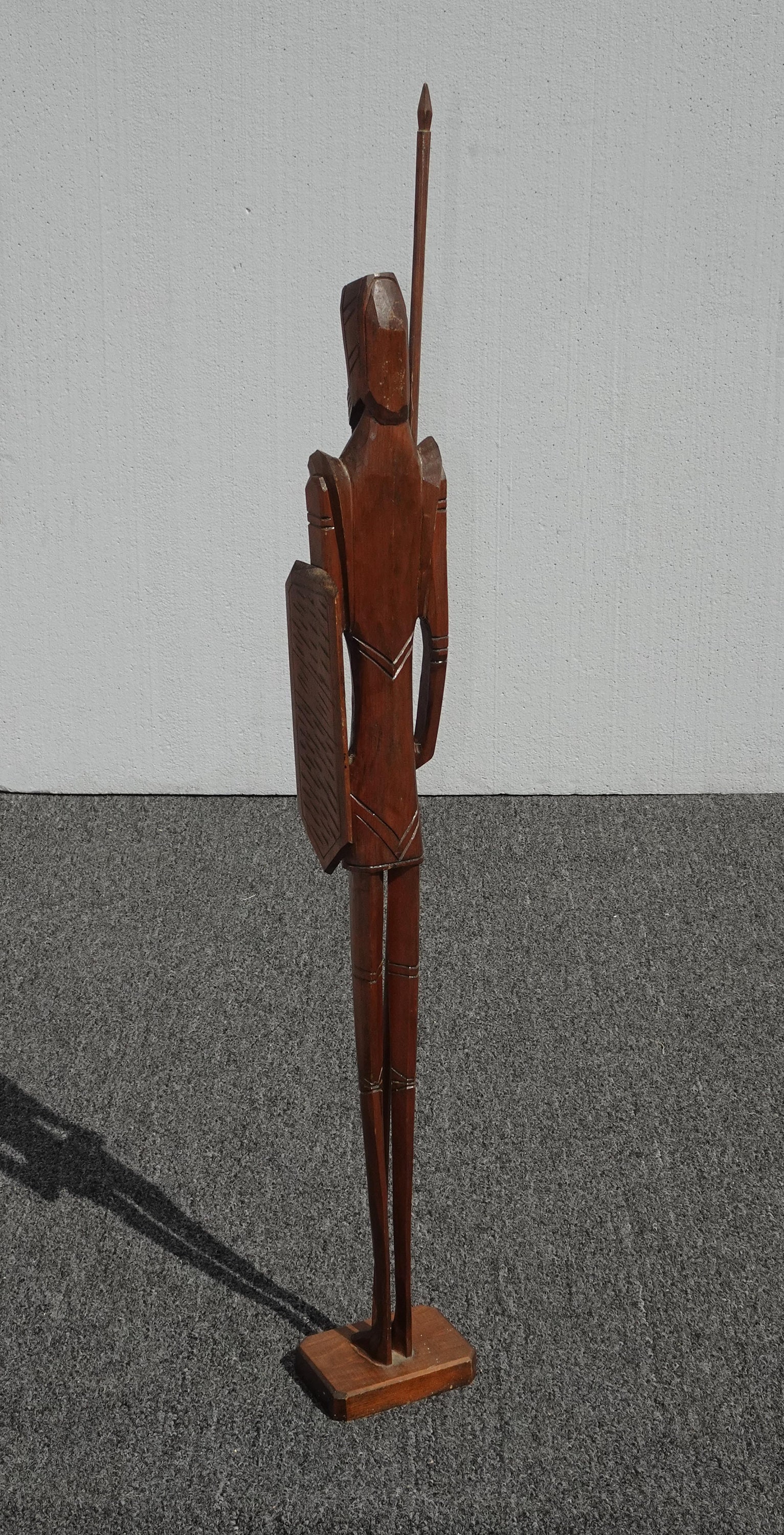 Tall Skinny Medieval Soldier w Spear and Shield Carved Wood Statue