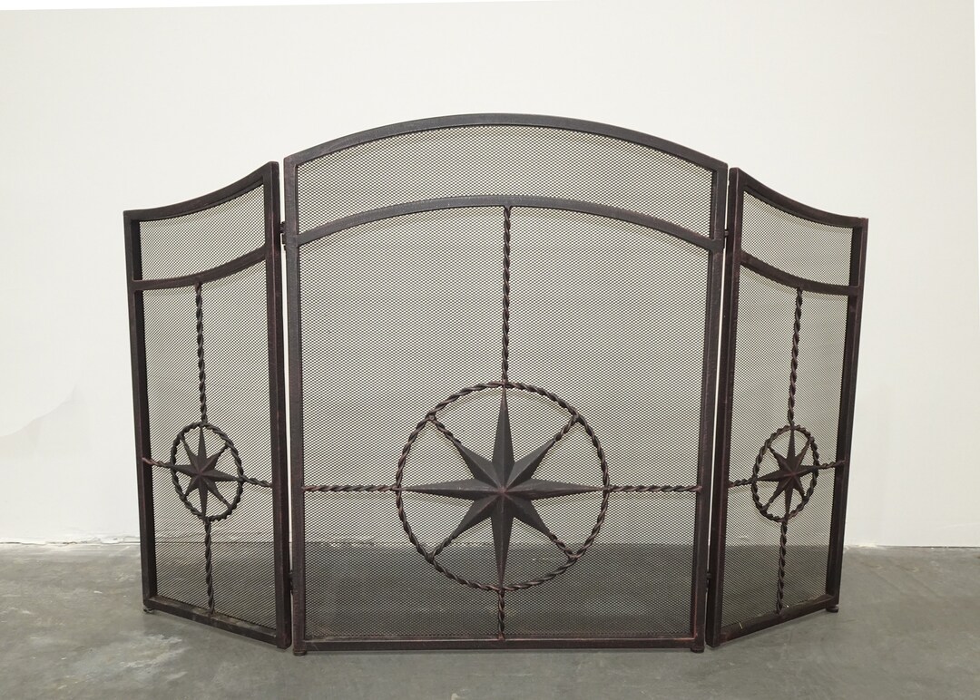 Vintage Iron Fireplace Screen W Star Logos & 3 Panels Southwestern ...