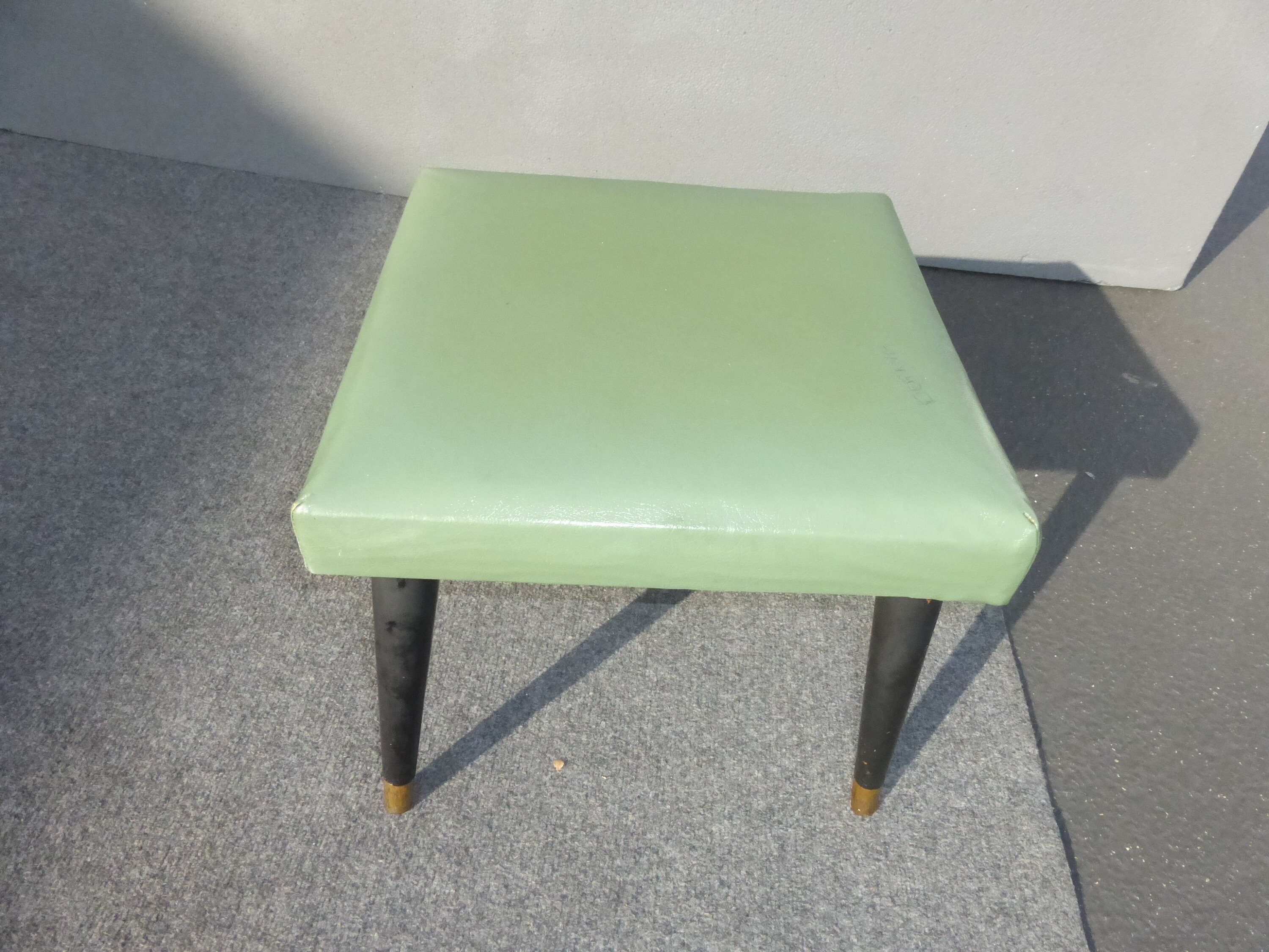 Vintage Mid Century Modern Green Vinyl Peg Leg Ottoman Stool