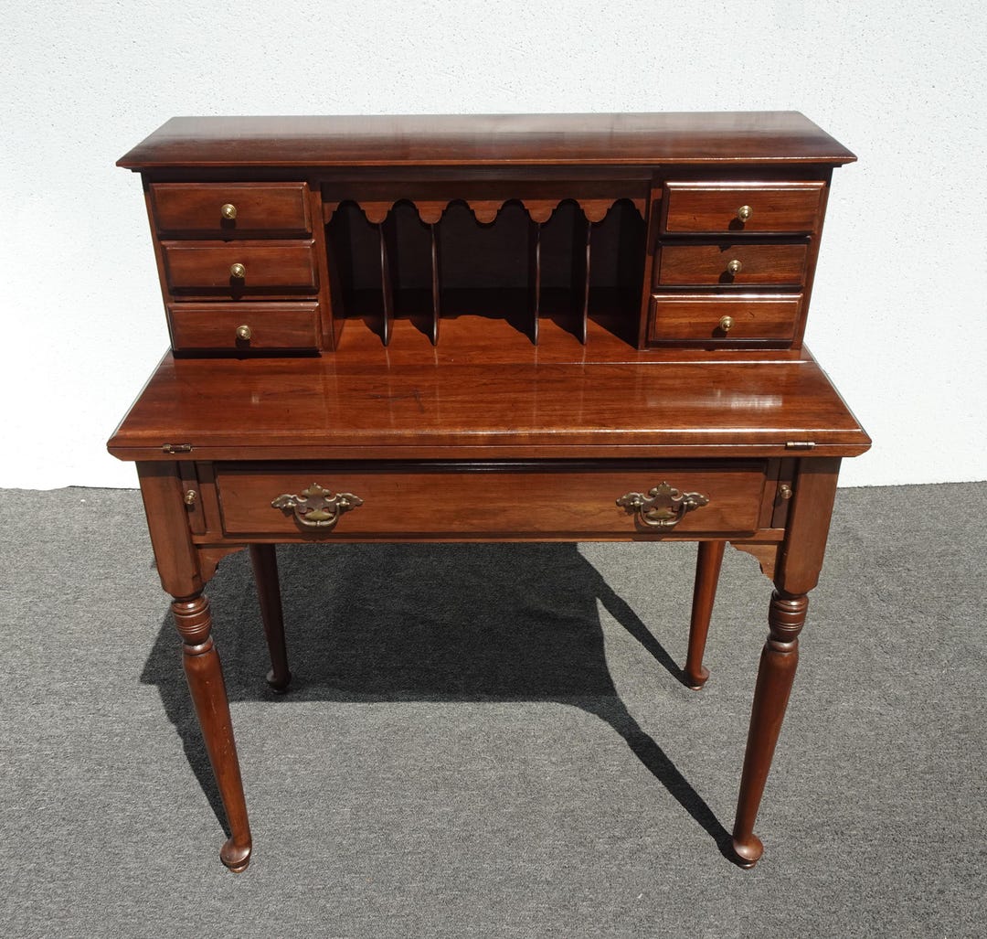 LH35 Vintage Ethan Allen Drop Front Writing Desk With 7 Drawers and ...