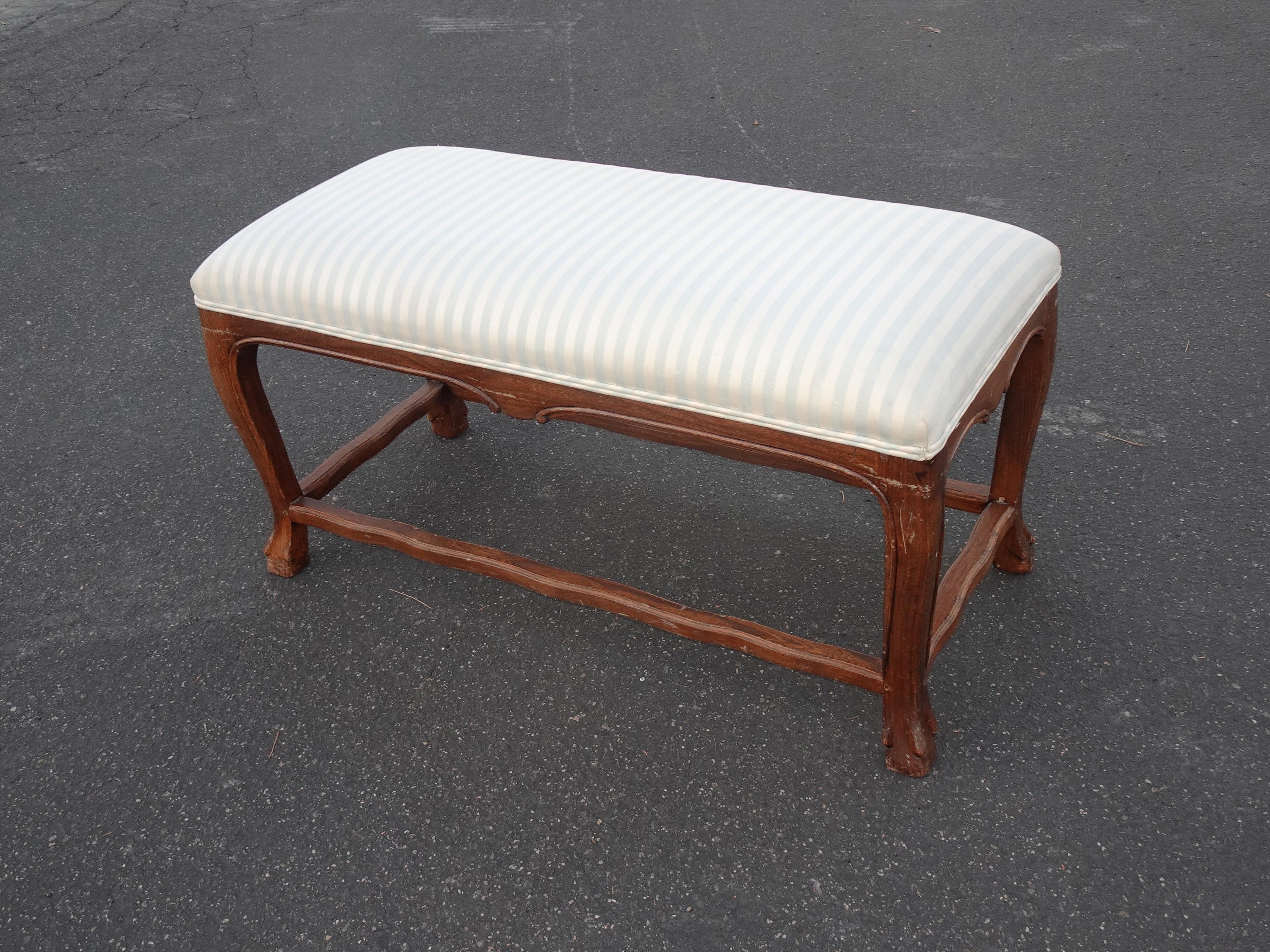 Vintage French Country Baby Blue Stripped Rustic Bench