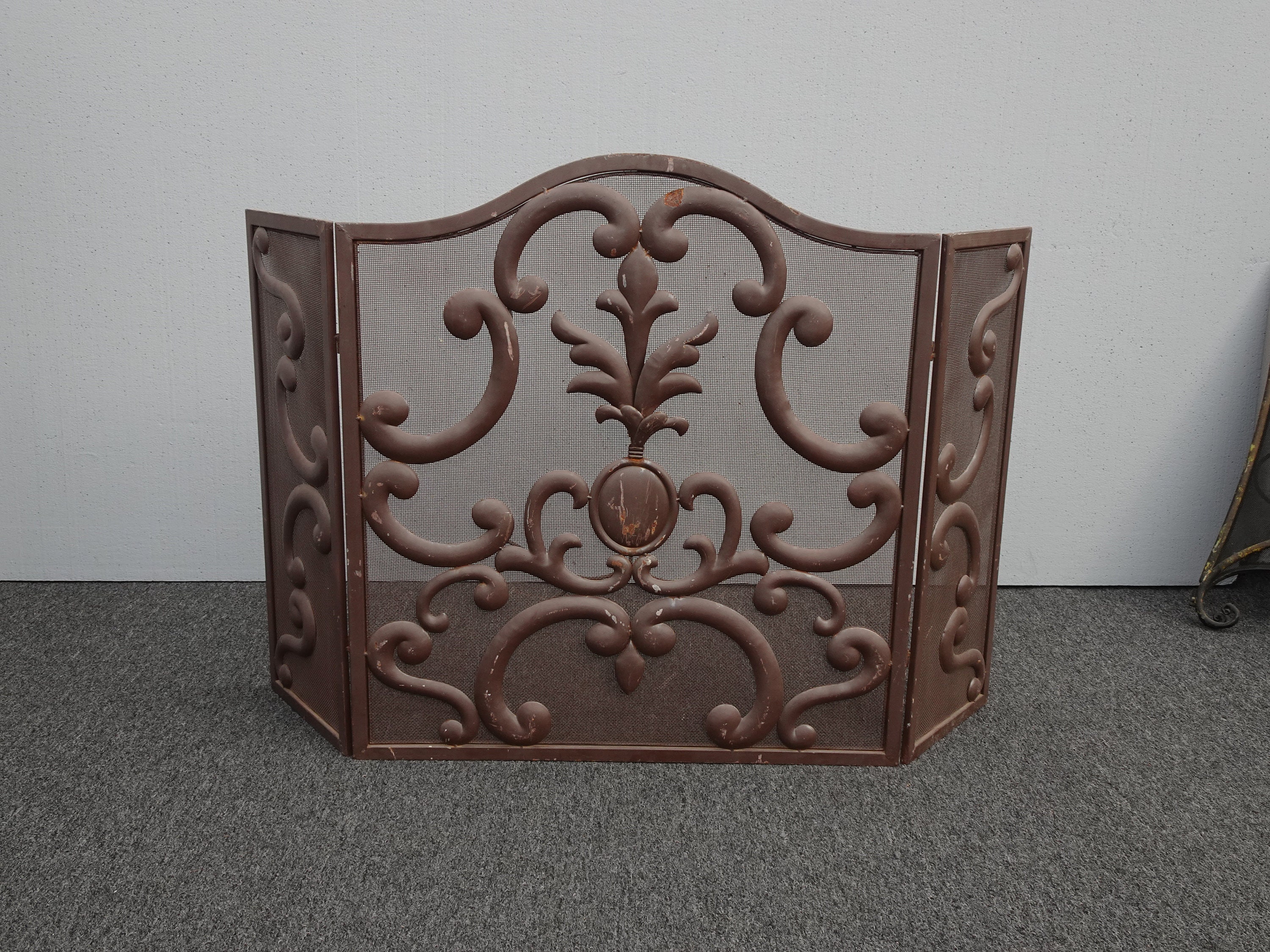 Vintage French Country Brown Three Panel Fireplace Screen w Scrolls ...