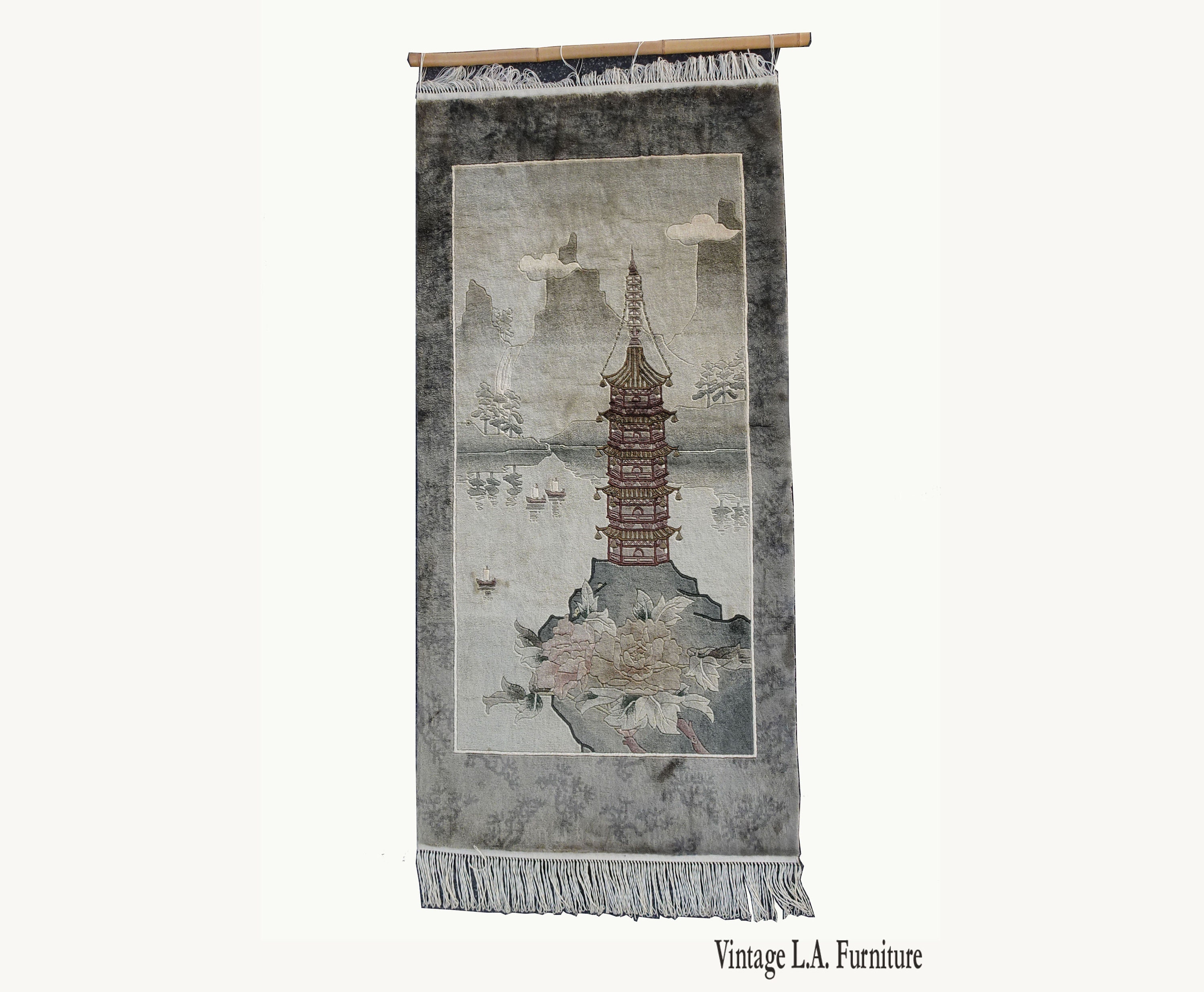 Vintage Chinese Wool Wall Hanging Rug Tapestry 'Temple w Lake and Boats'