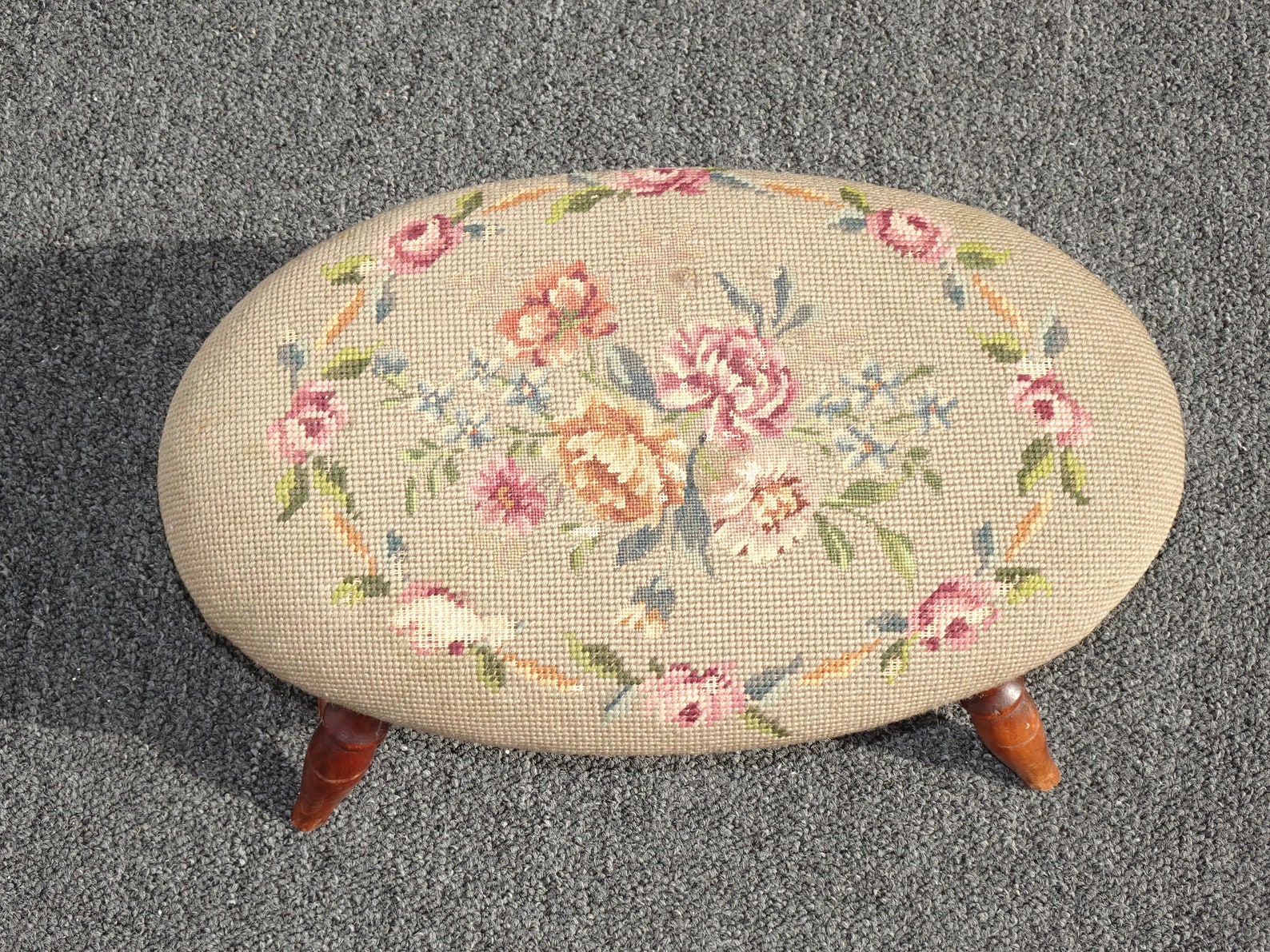 Vintage French Country Tan Needlepoint Floral Tapestry on Oak Turned ...