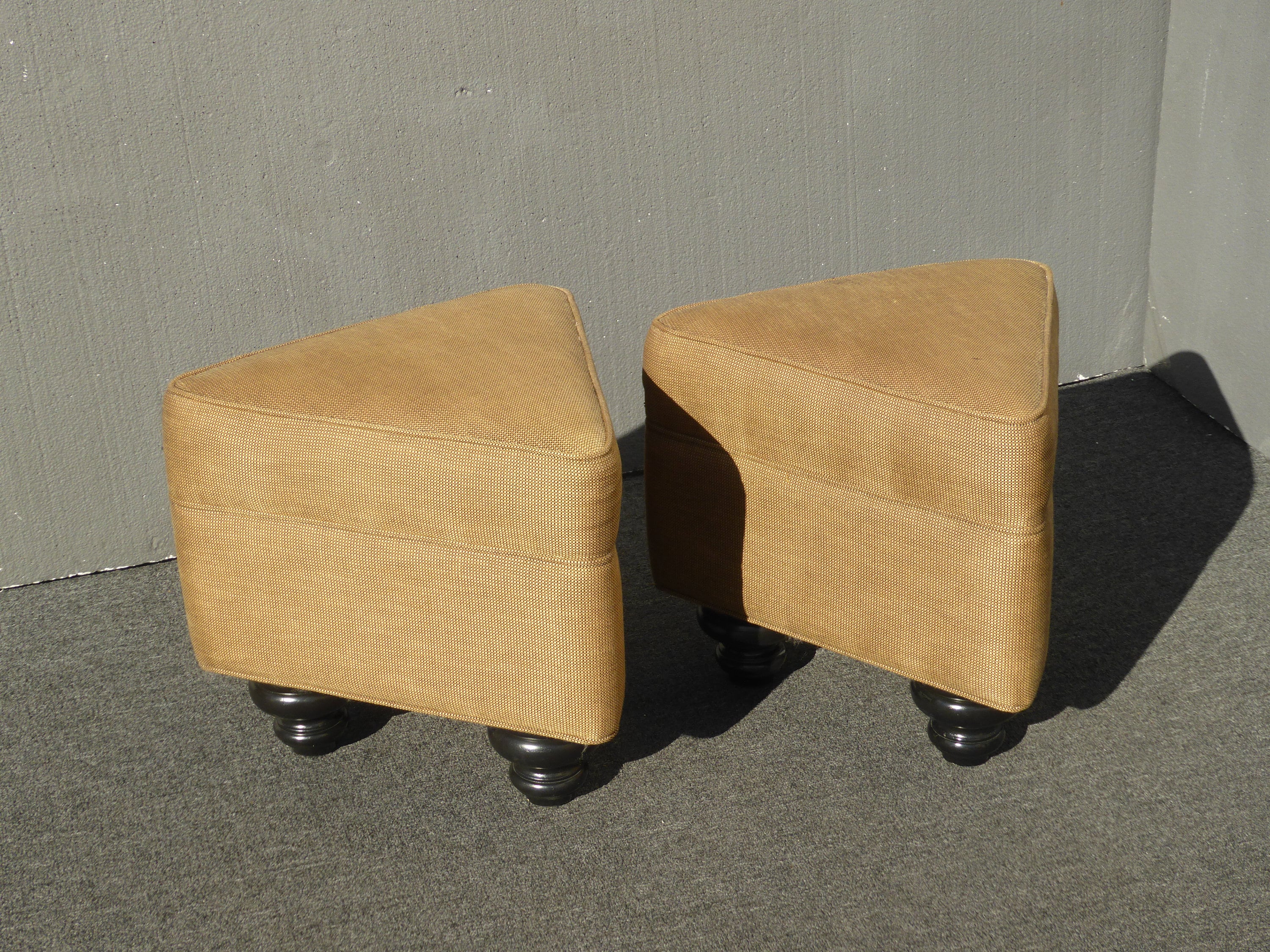 Pair of Tan Triangle Shaped Ottomans Benches ~ French Country Traditional