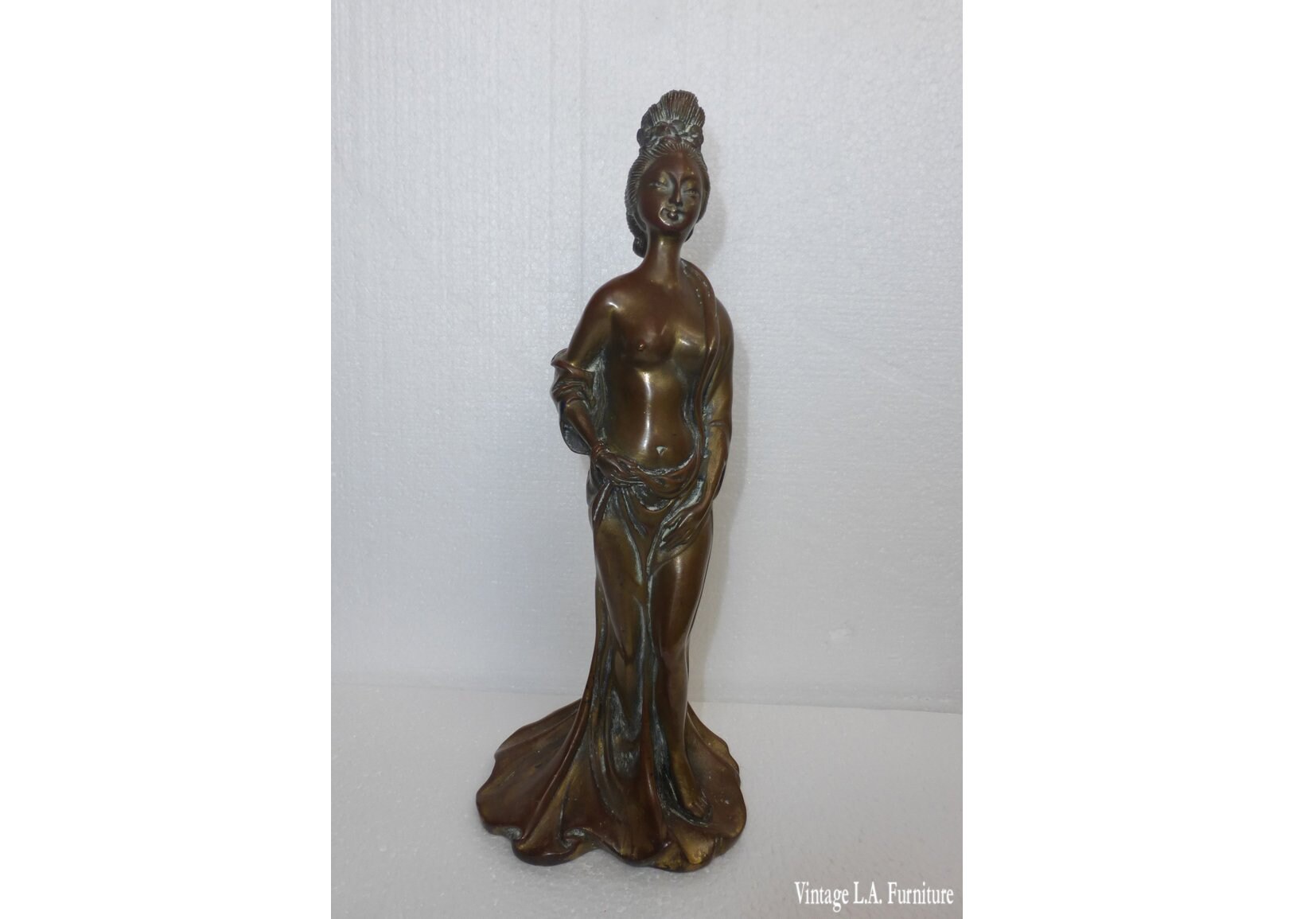 Vintage Bronze Sculpture Oriental Asian Woman Statue Poised Half Draped