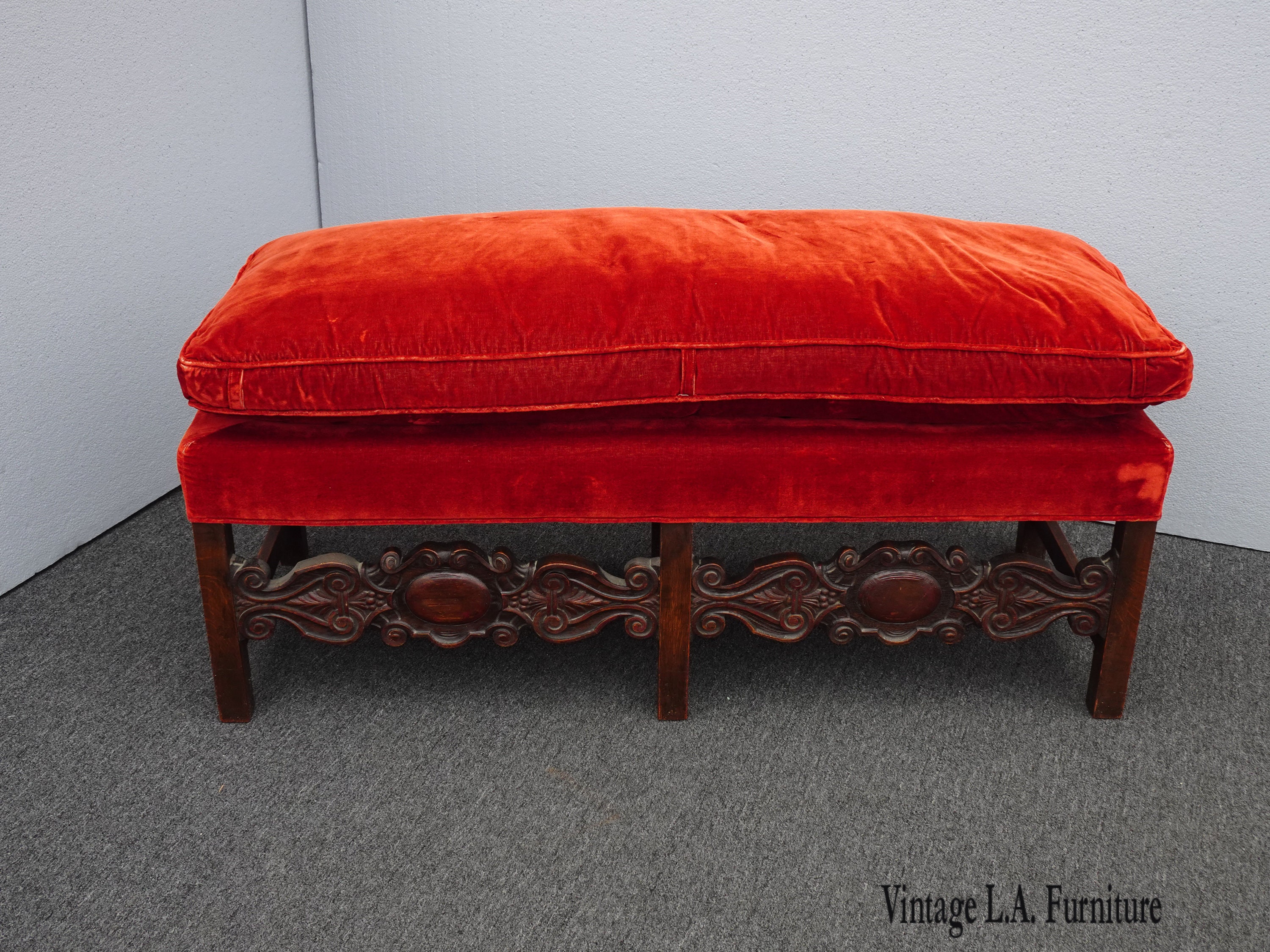 Antique French Provincial Red Velvet Bench Settee w Goose Down Feathers