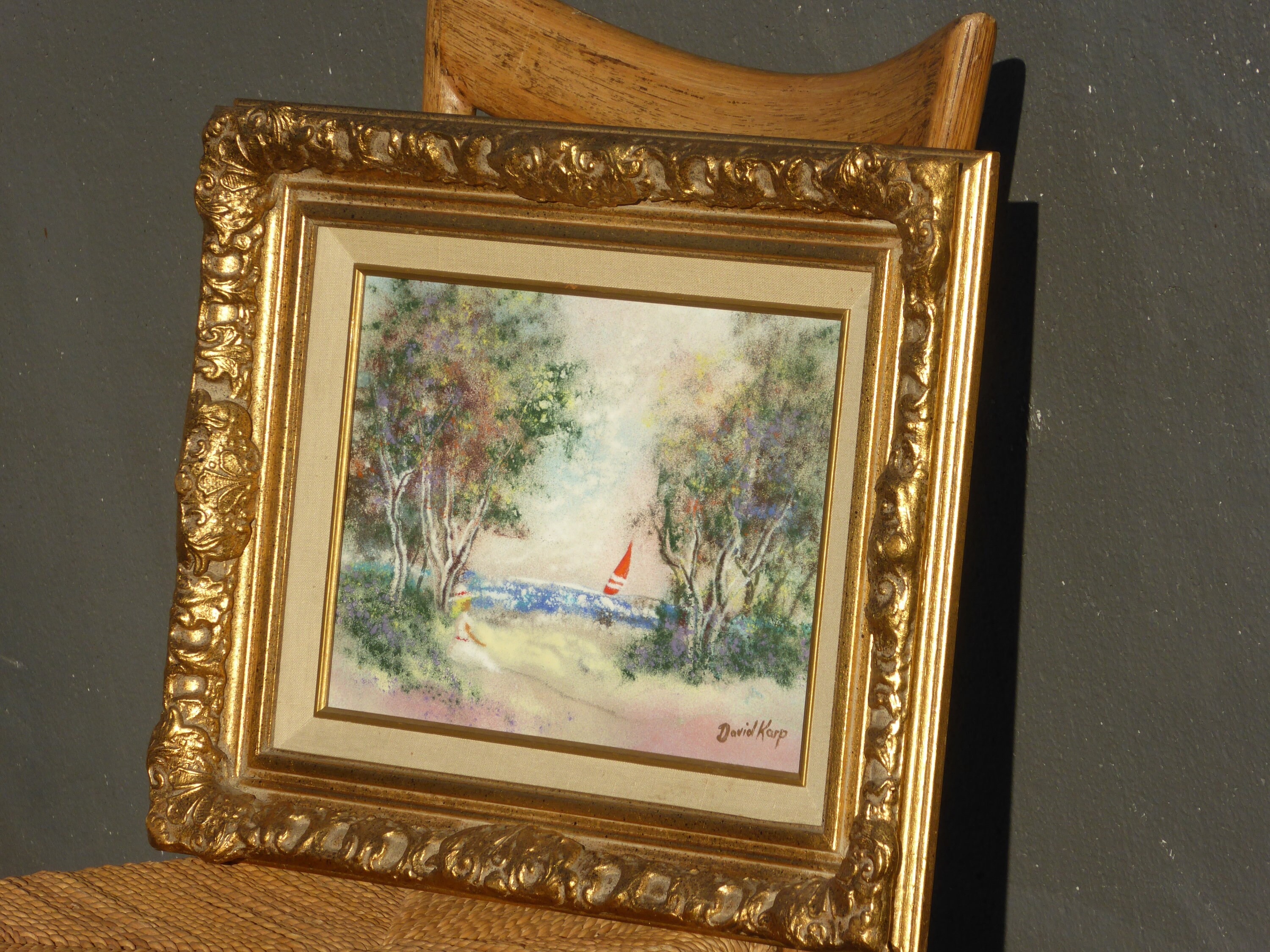 David Karp Woman Watching Sail Boat Scene Enamel on Copper Painting Picture