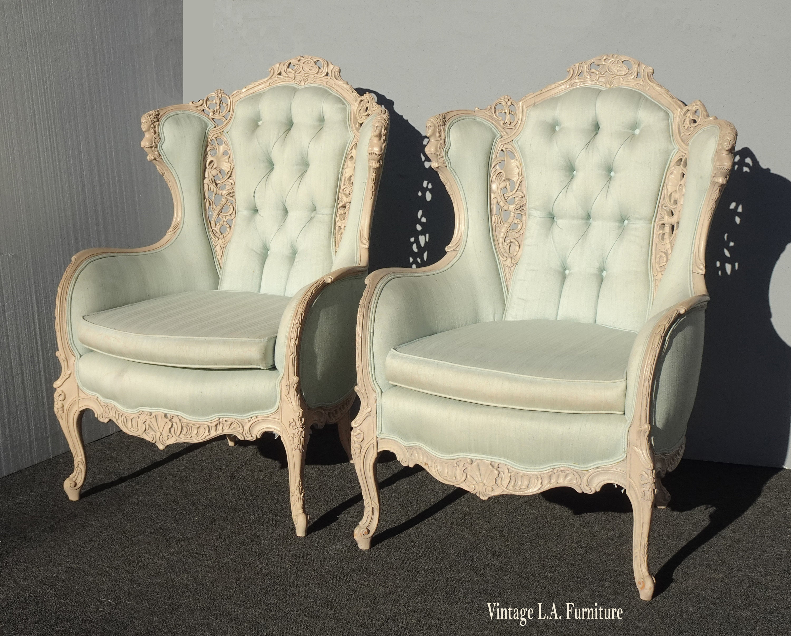 Pair Vintage French Chairs Louis XV Wing Back w Carved Ornate Figural Frame