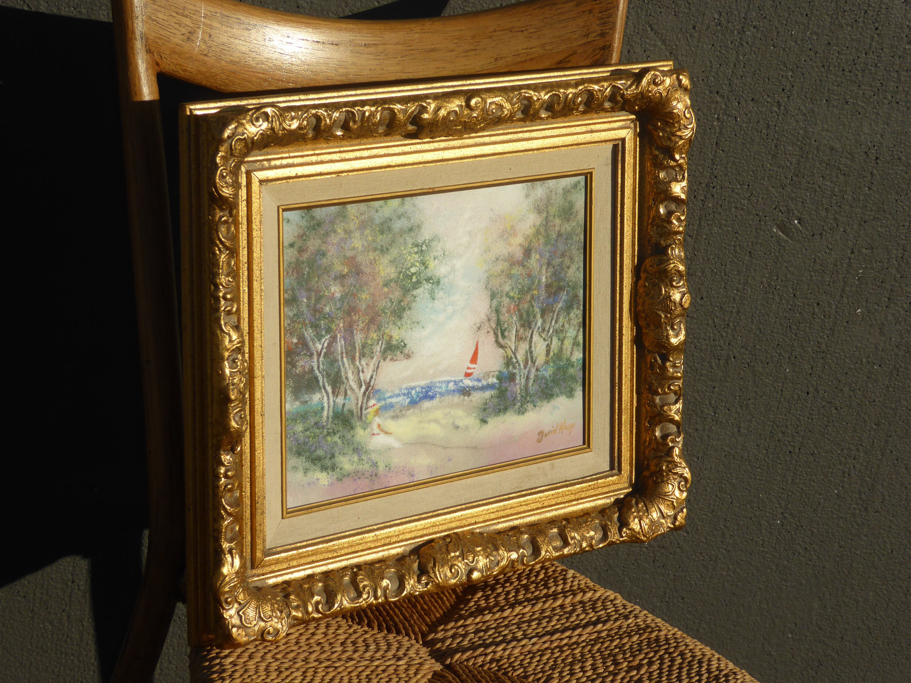 David Karp Woman Watching Sail Boat Scene Enamel on Copper Painting Picture