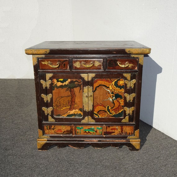 Antique Side Table Oriental Asian Hand Painted Cabinet End Table Brass Hardware Etsy