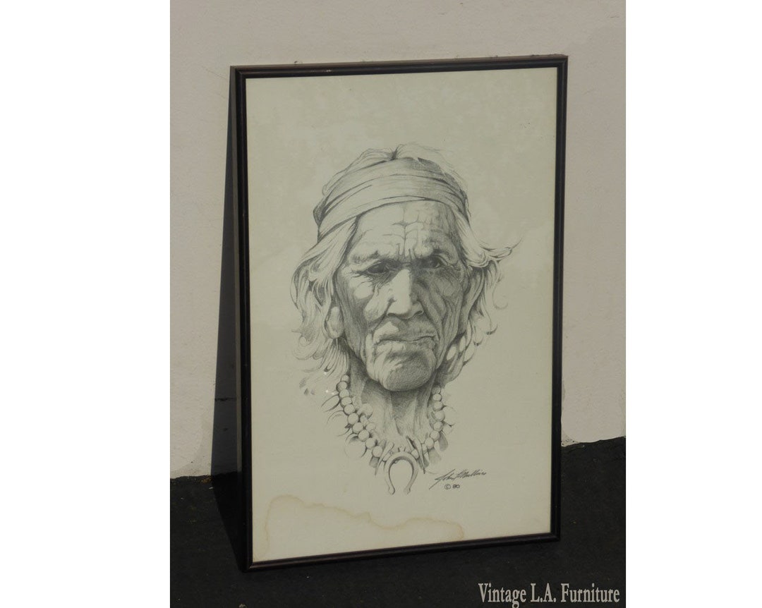 Vintage Original Sketch of Native Southwestern Man 1980 Signed John P ...