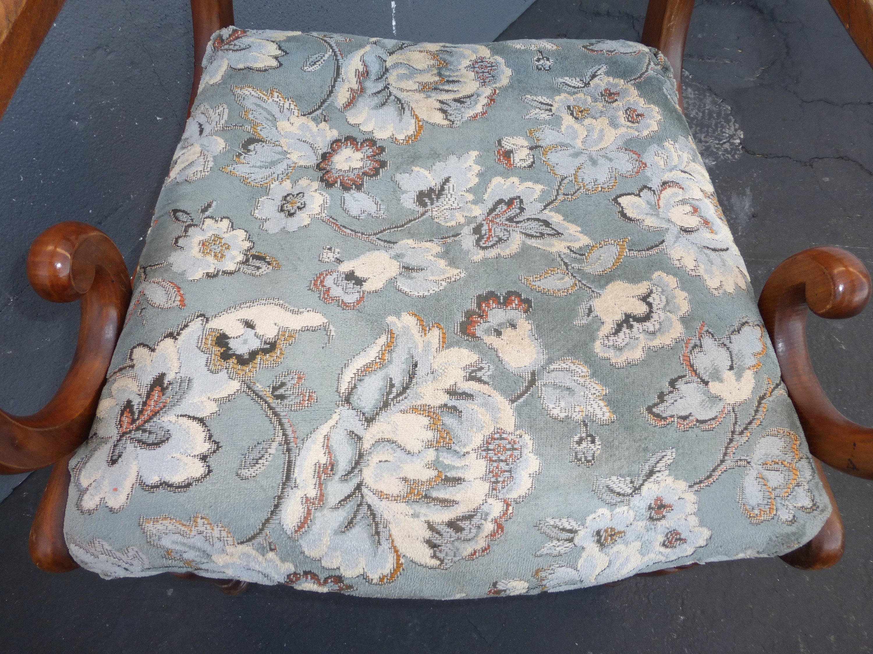 Vintage French Country Carved Wood Accent Chair Unique Scrolled Hand rests
