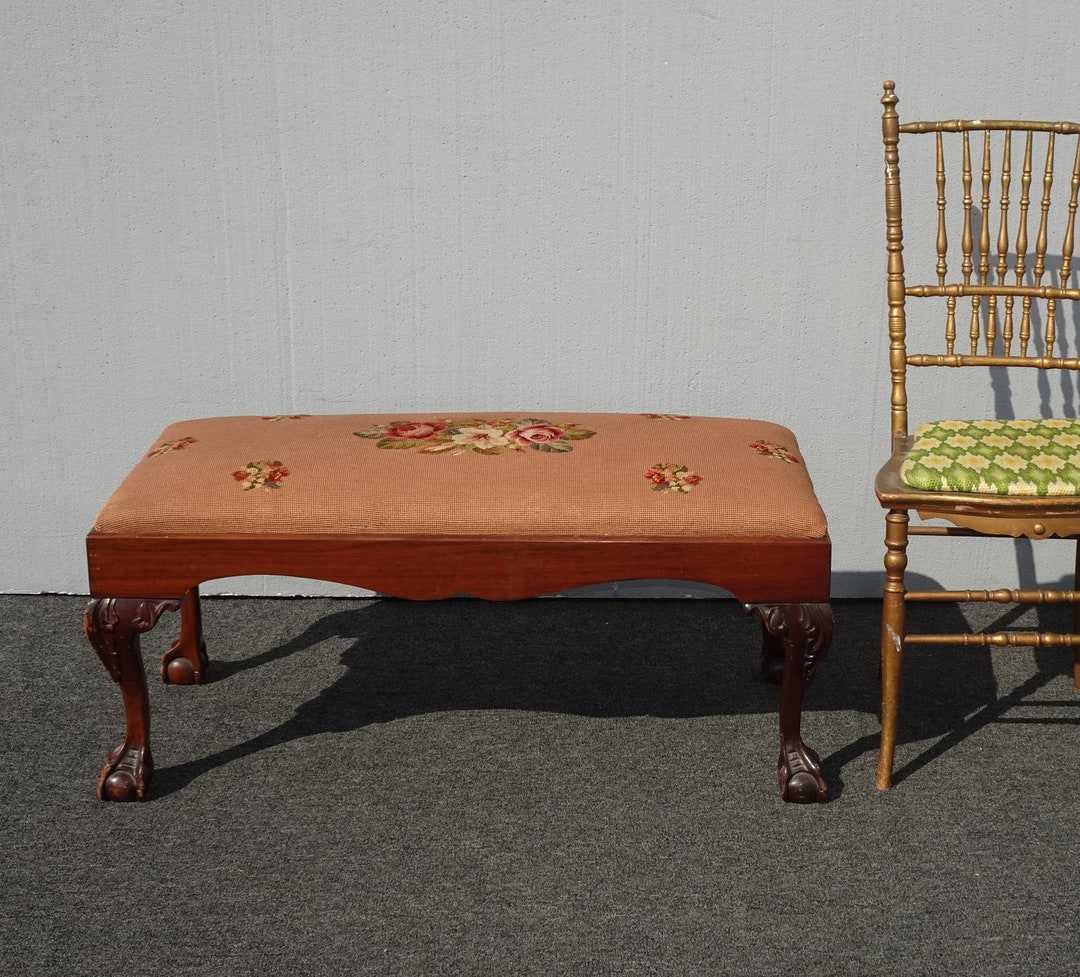 Vintage French Provicial Floral Needlepoint Tapestry Bench W Ball ...