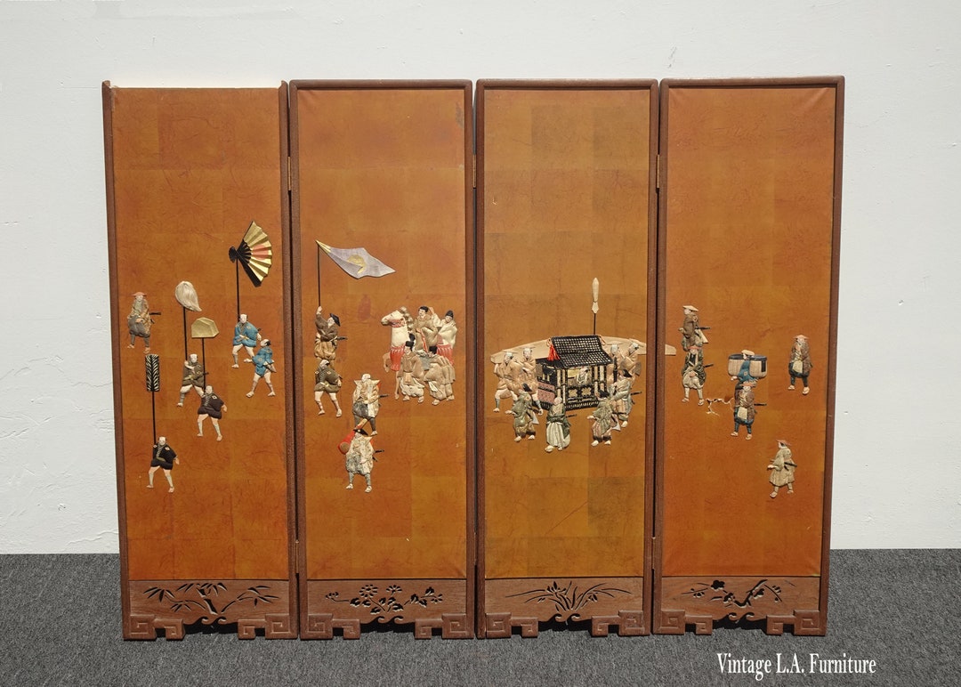 Antique Oriental Asian Gold Four Panel Screen W Mother of Pearl Asis ...