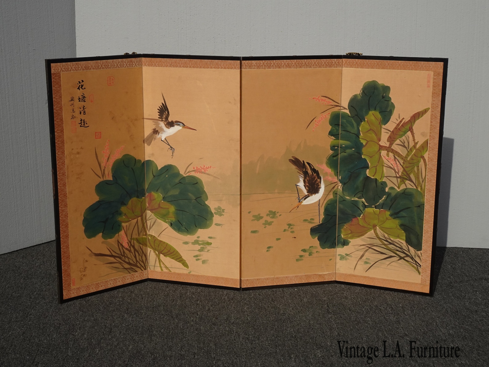 Vintage Oriental Asian Four Panel Screen With Birds & Signed - Etsy