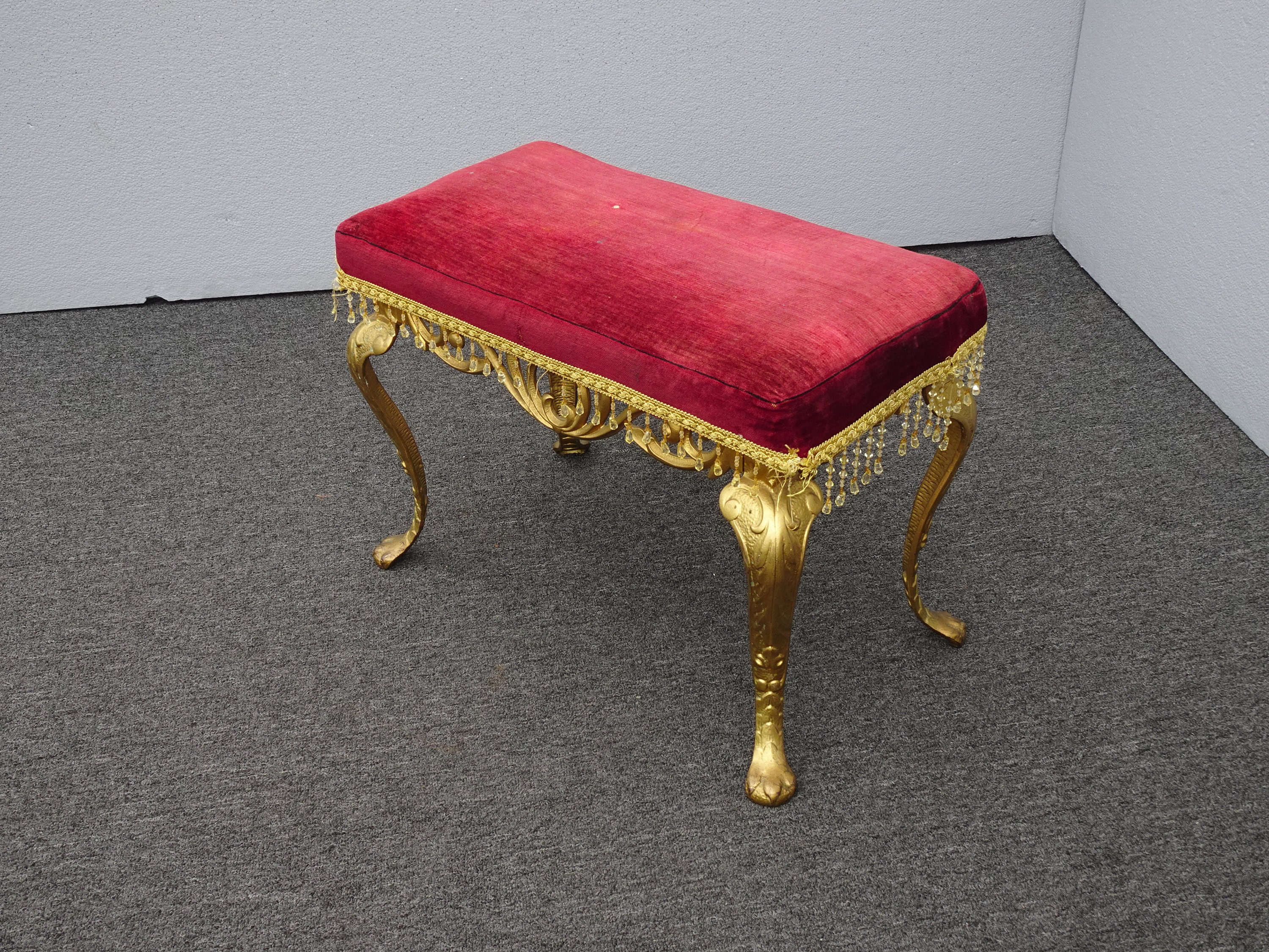 Vintage Spanish Style Red Velvet Bench w Gold Cast Iron Legs Hollywood ...