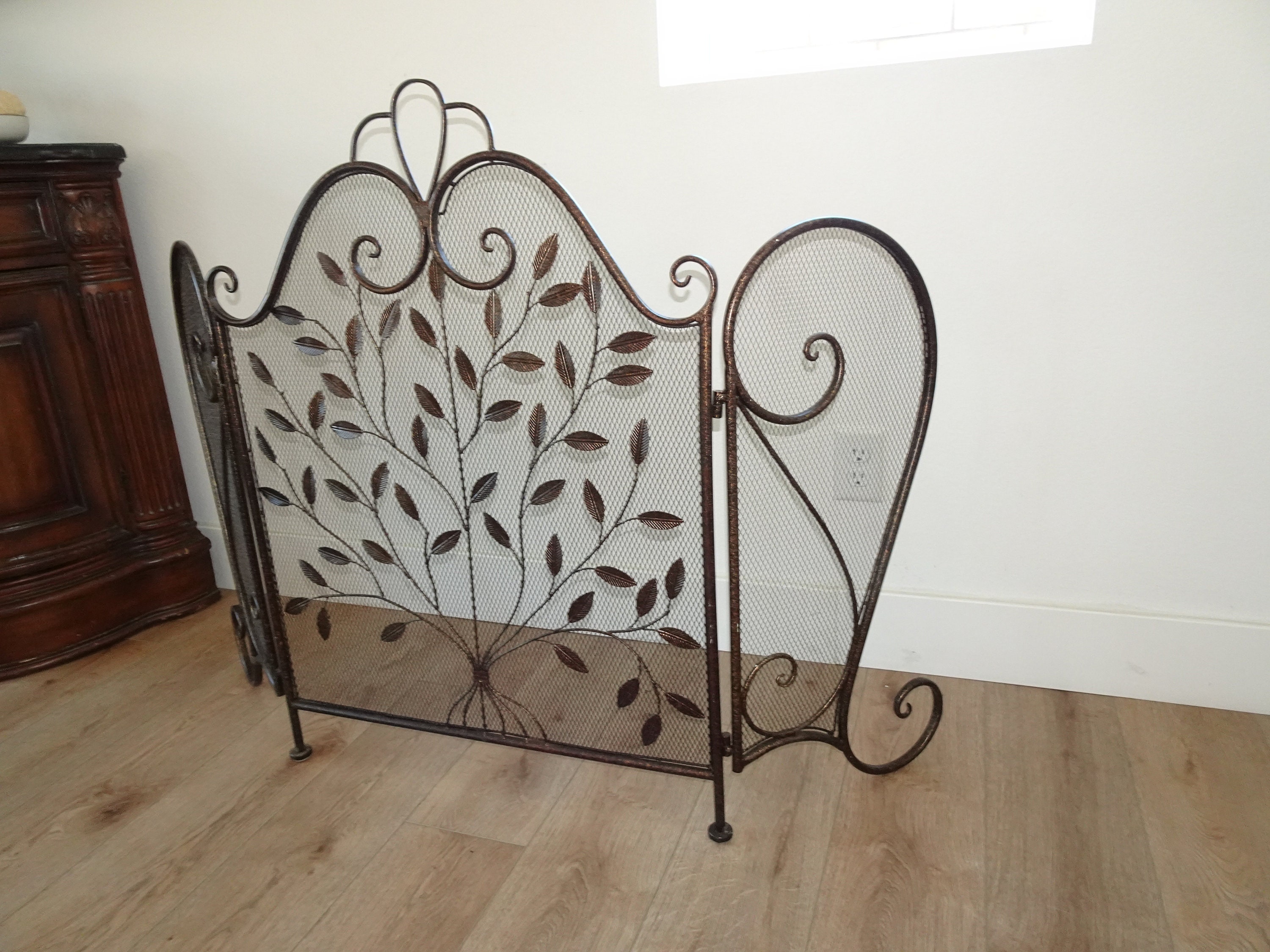 Spanish Style Metal Three panel Large Fireplace Screen with Gold Accents