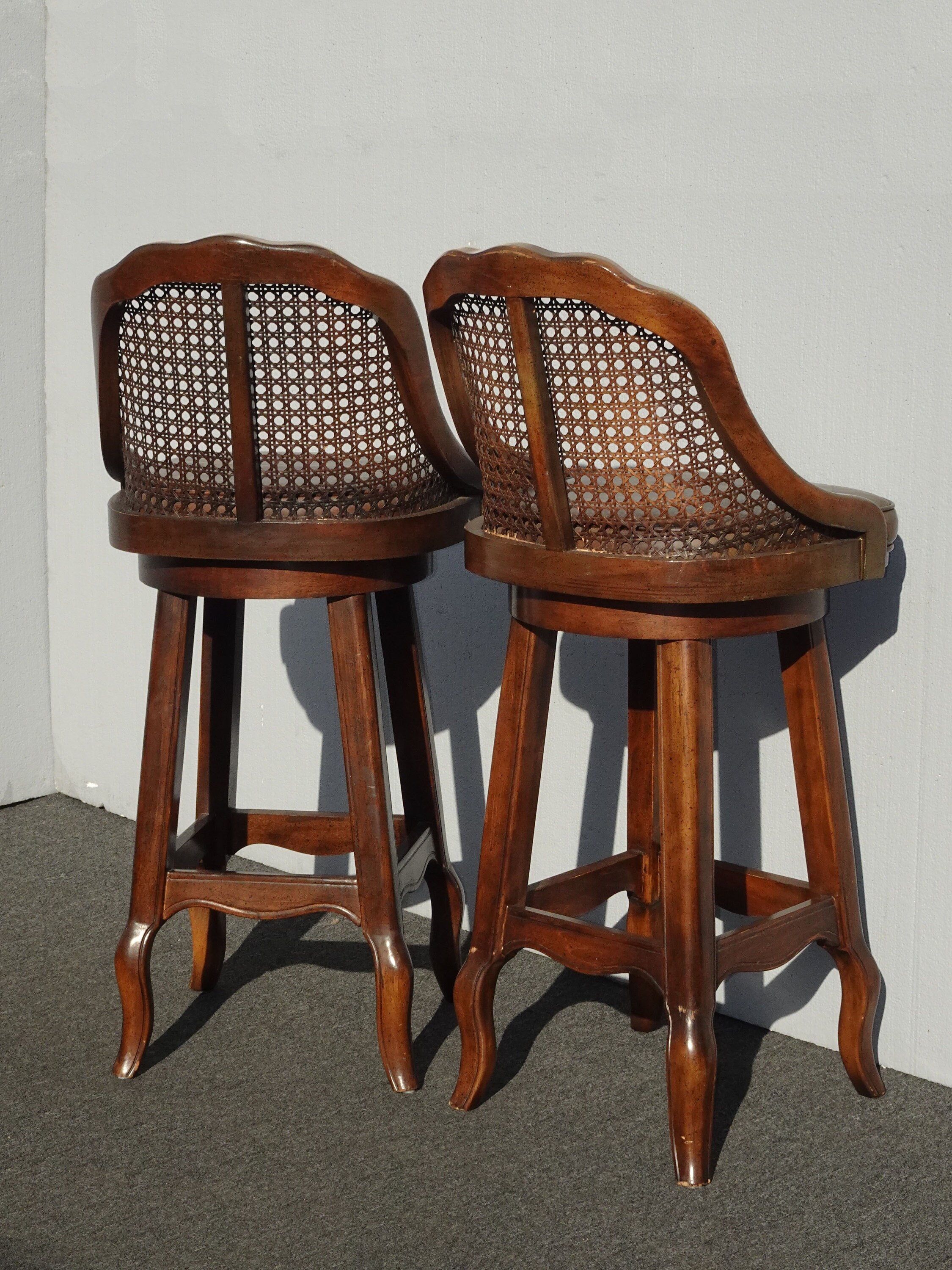 Pair Vintage French Country Brown Cane Swivel Bar Stools