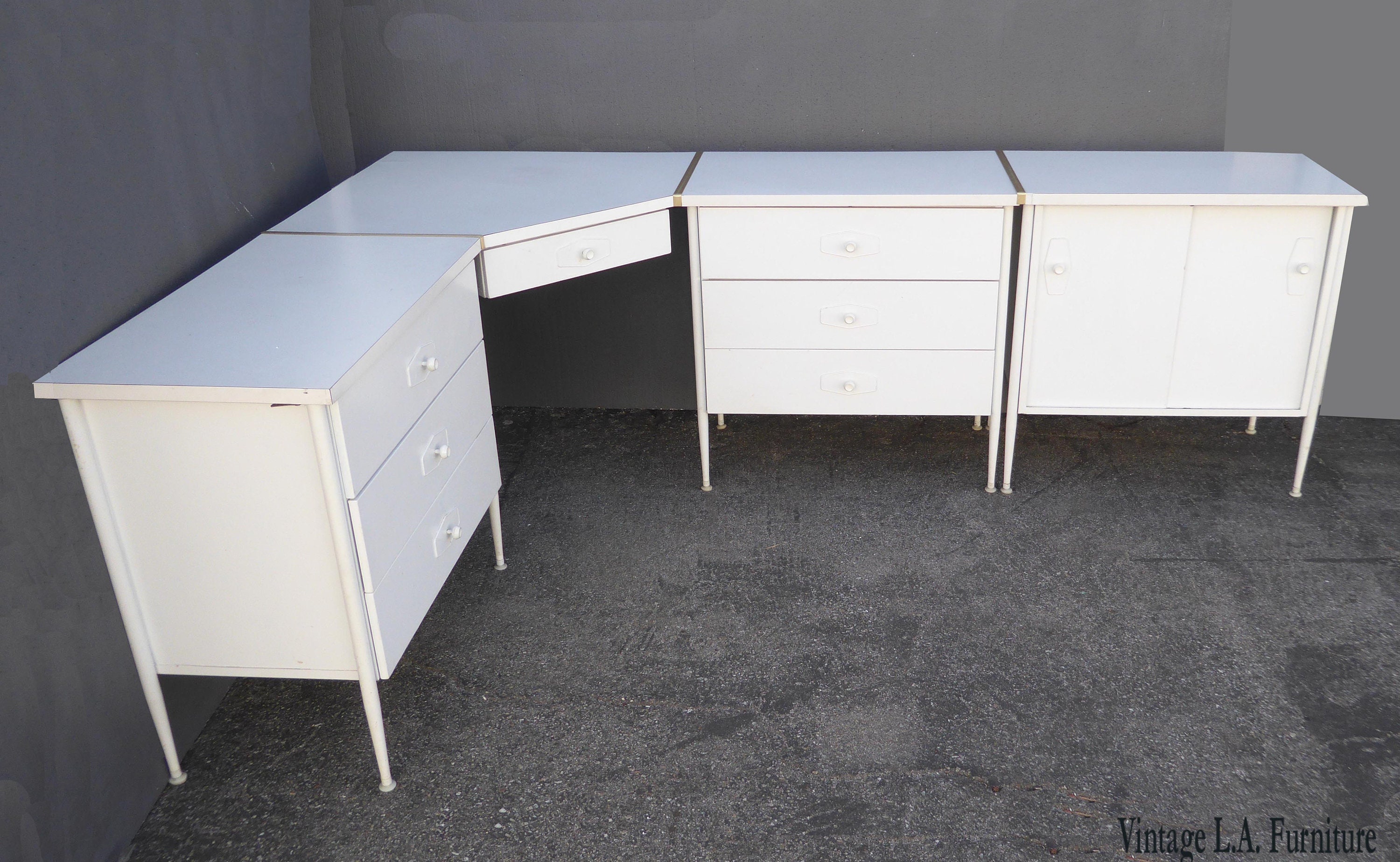 Vintage Mid Century Modern Modular White Corner Desk w Cabinets Shelves ...