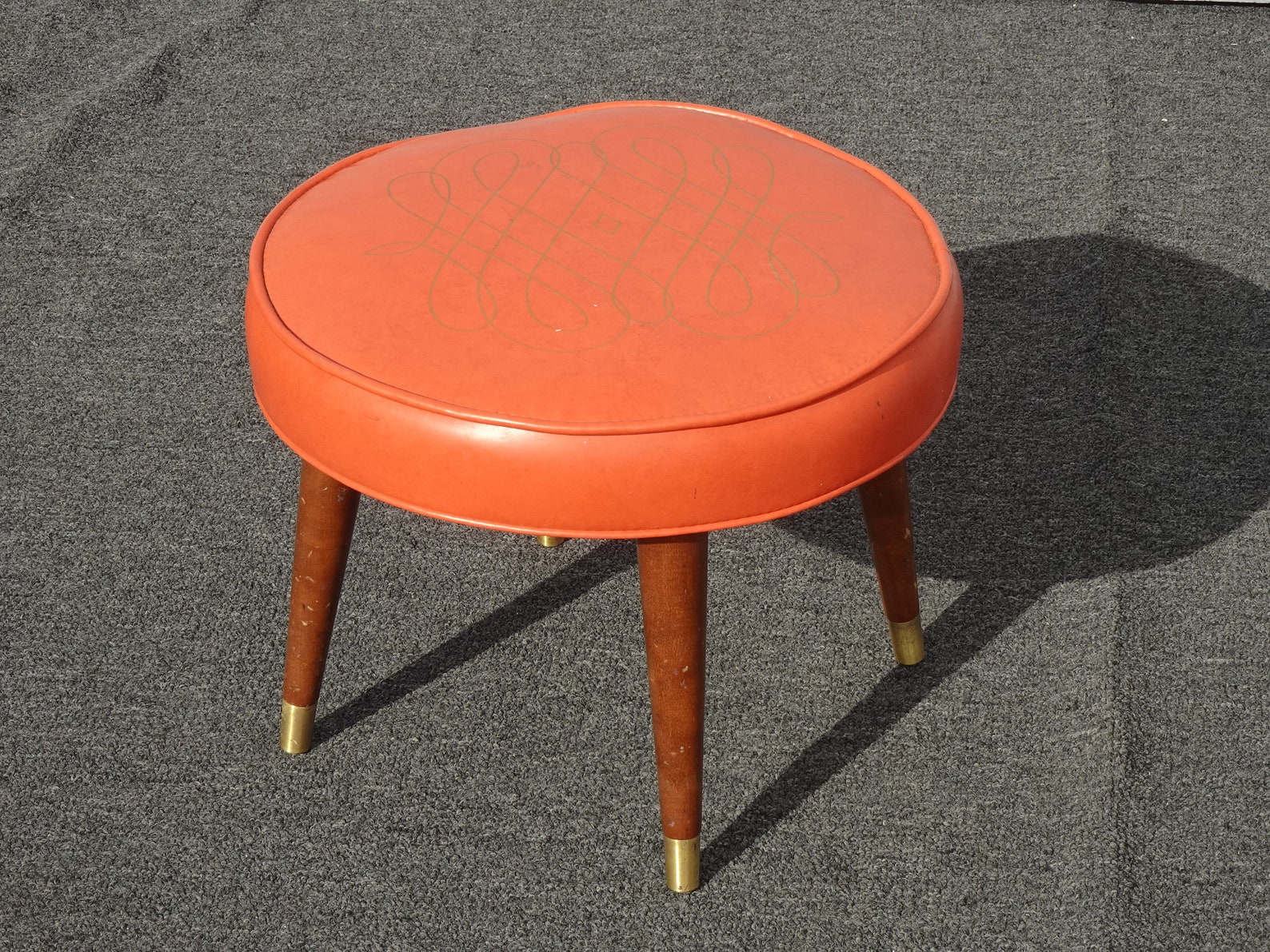 Vintage Mid Century Modern Orange Footstool Bench W Peg Legs Stool ...