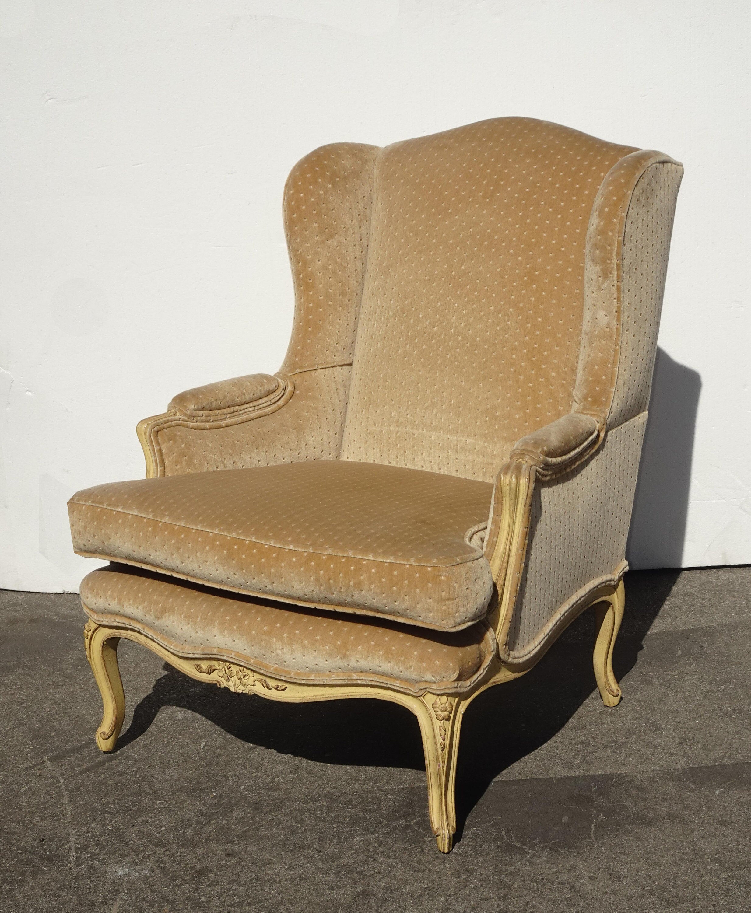 Vintage French Provincial Gold Polka Dotted Velvet Accent Wingback Chair