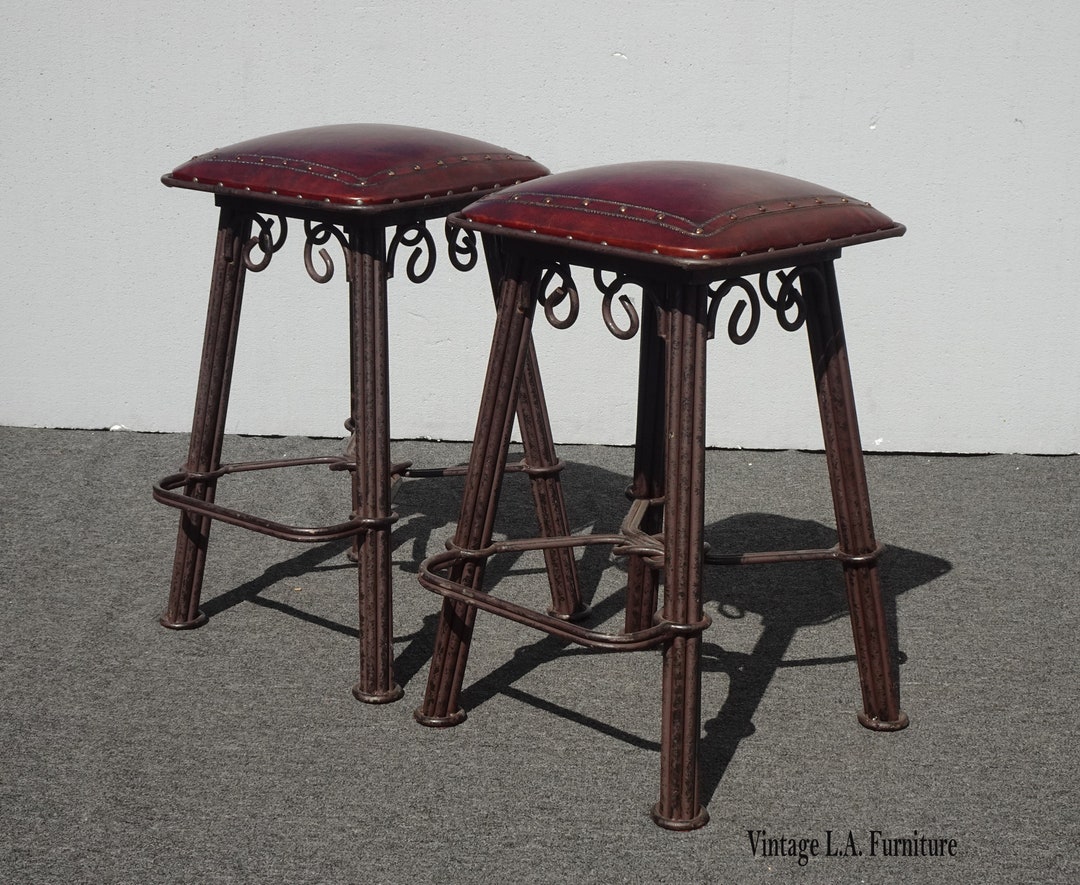 Pair Vintage Ornate Wrought Iron Bar Stools Leather Seats ~ Spanish ...