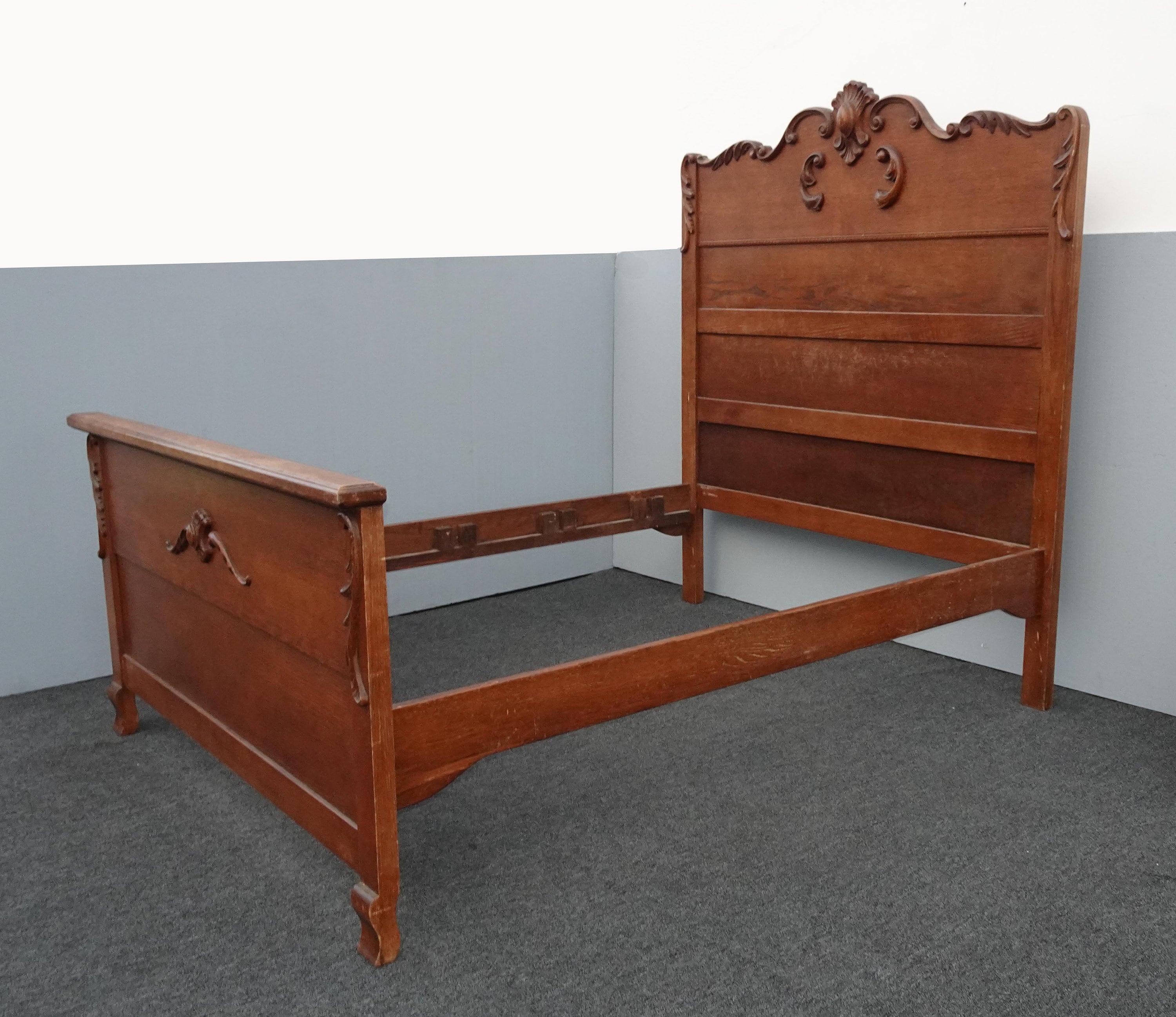 Antique French Country Oak Wood Bed Frame Full Headboard w Scrolled Onlays