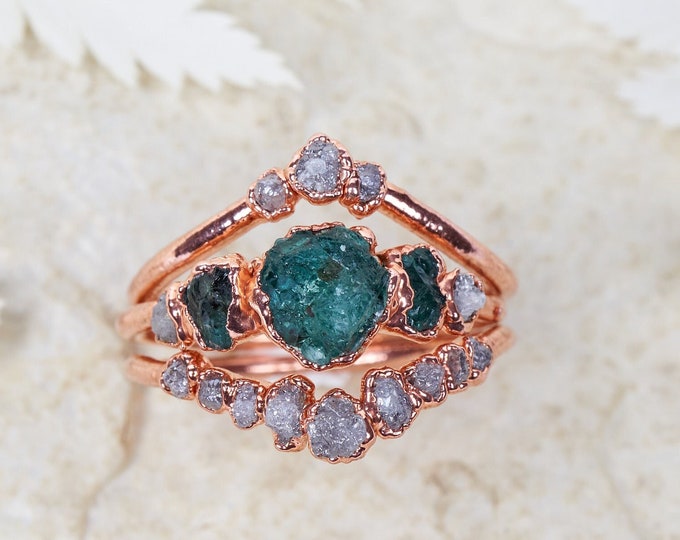 Raw Emerald Ring Set With Diamonds, Raw Crystal Engagement Ring ...