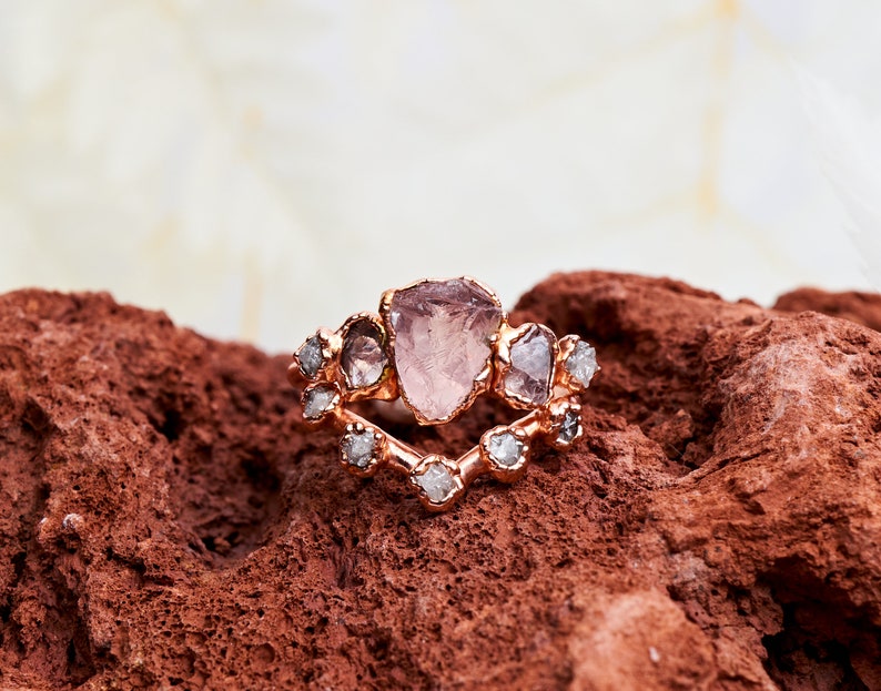 Raw Rose Quartz Ring & Raw Diamond Wedding Band. Unique Gemstone ...
