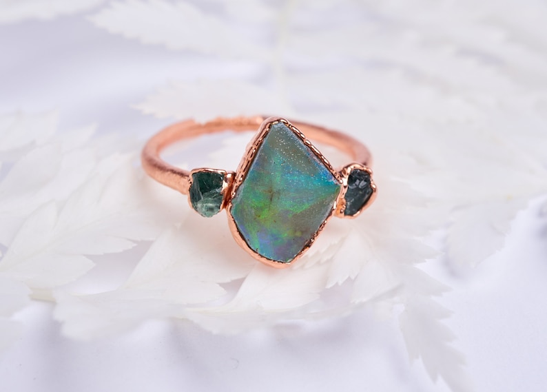 Emerald and Raw Opal Engagement Ring, Australian Opal Ring, Alternative ...
