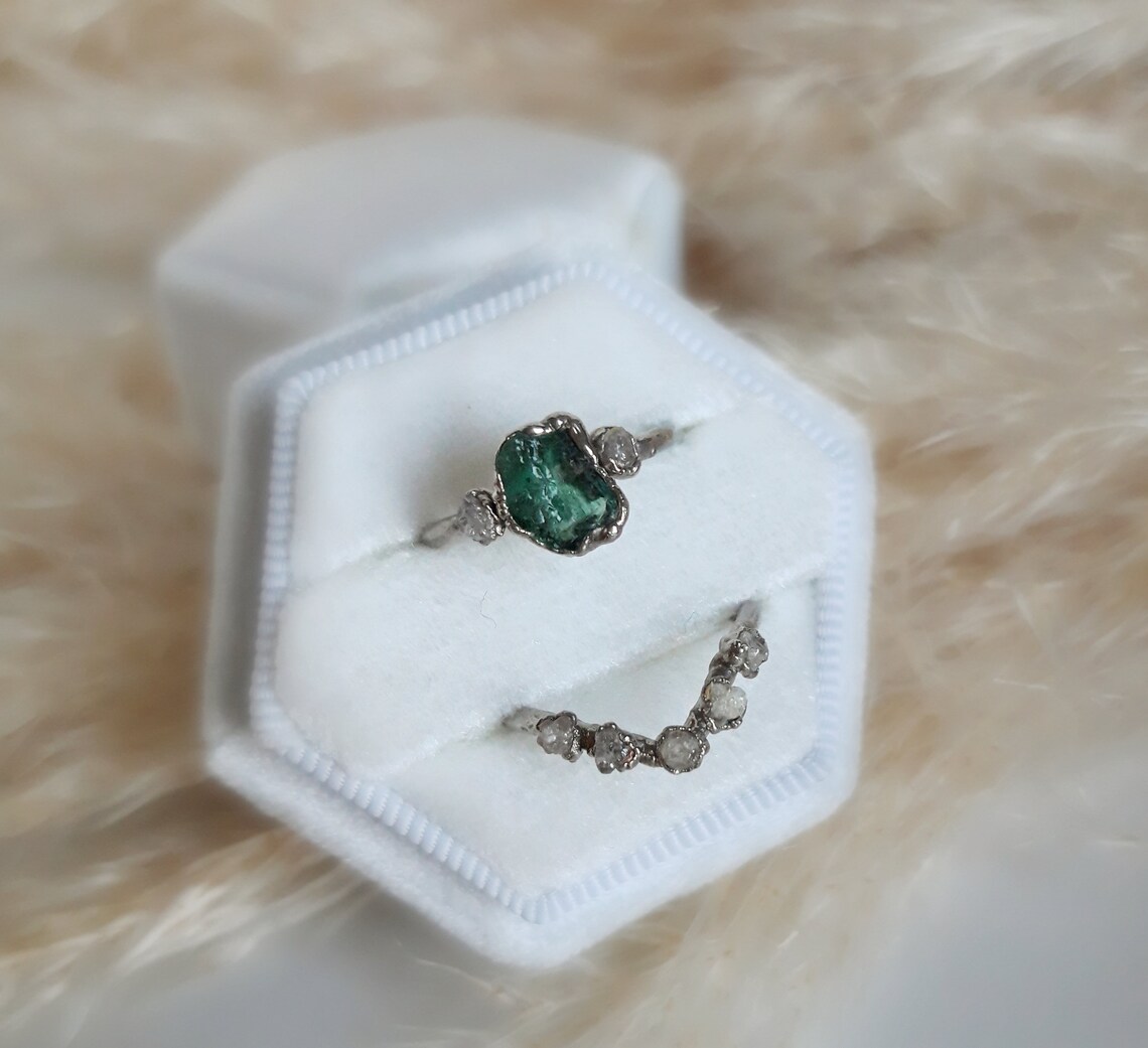 Raw emerald ring with diamonds raw crystal engagement ring | Etsy