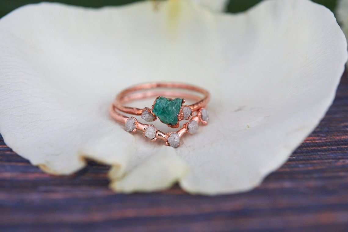 Raw emerald ring with diamonds raw crystal engagement ring | Etsy