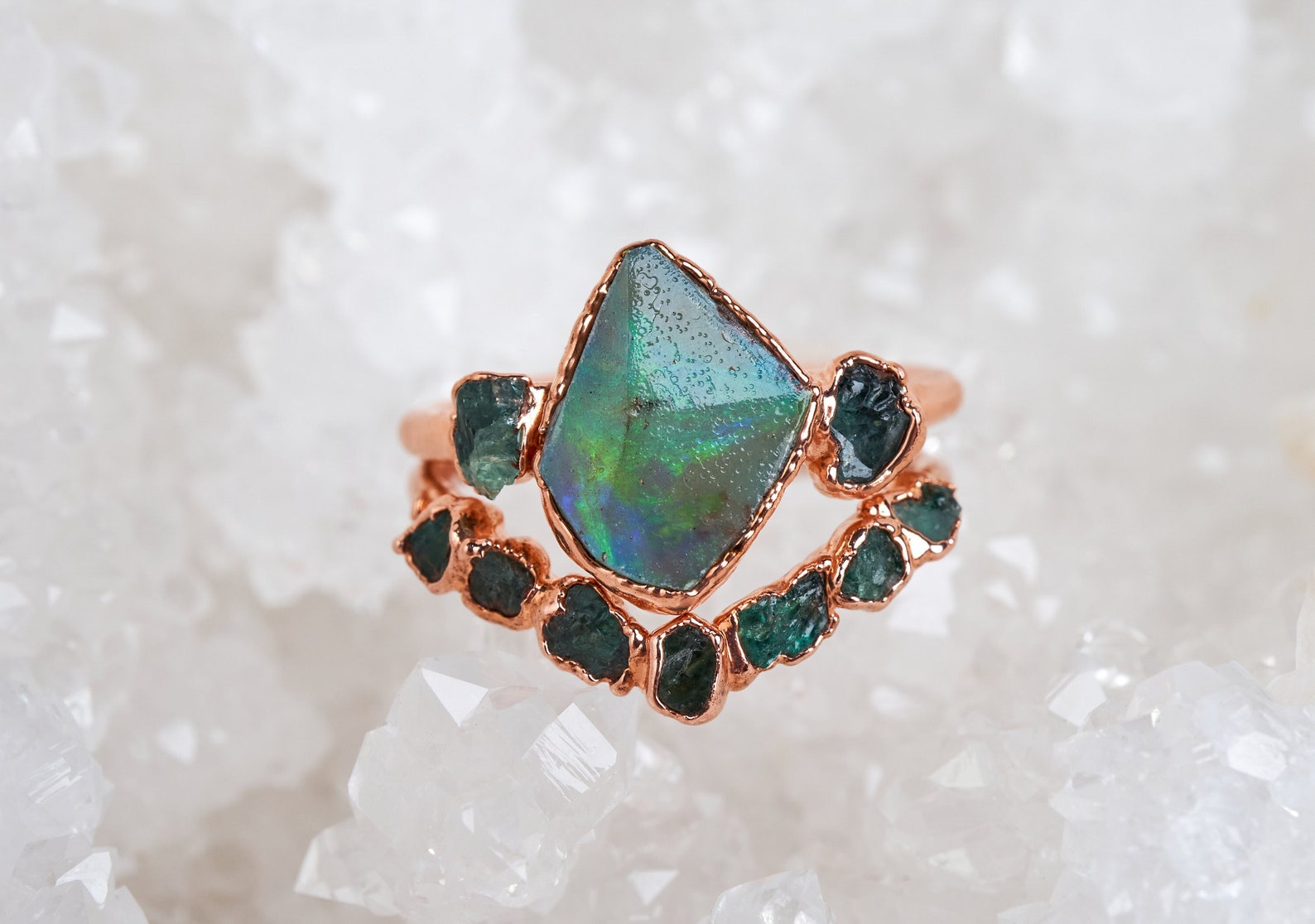 Emerald and Raw Opal Engagement Ring, Australian Opal Ring, Alternative ...